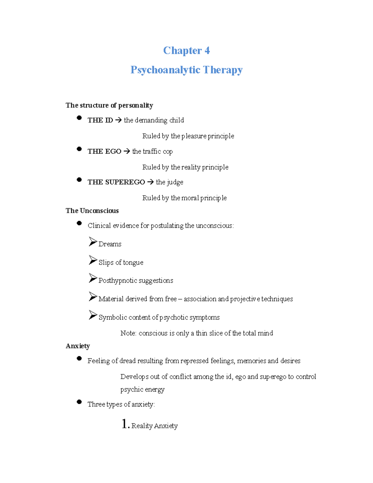Chapter 4 - Lecture notes in psychotherapy - Chapter 4 Psychoanalytic ...