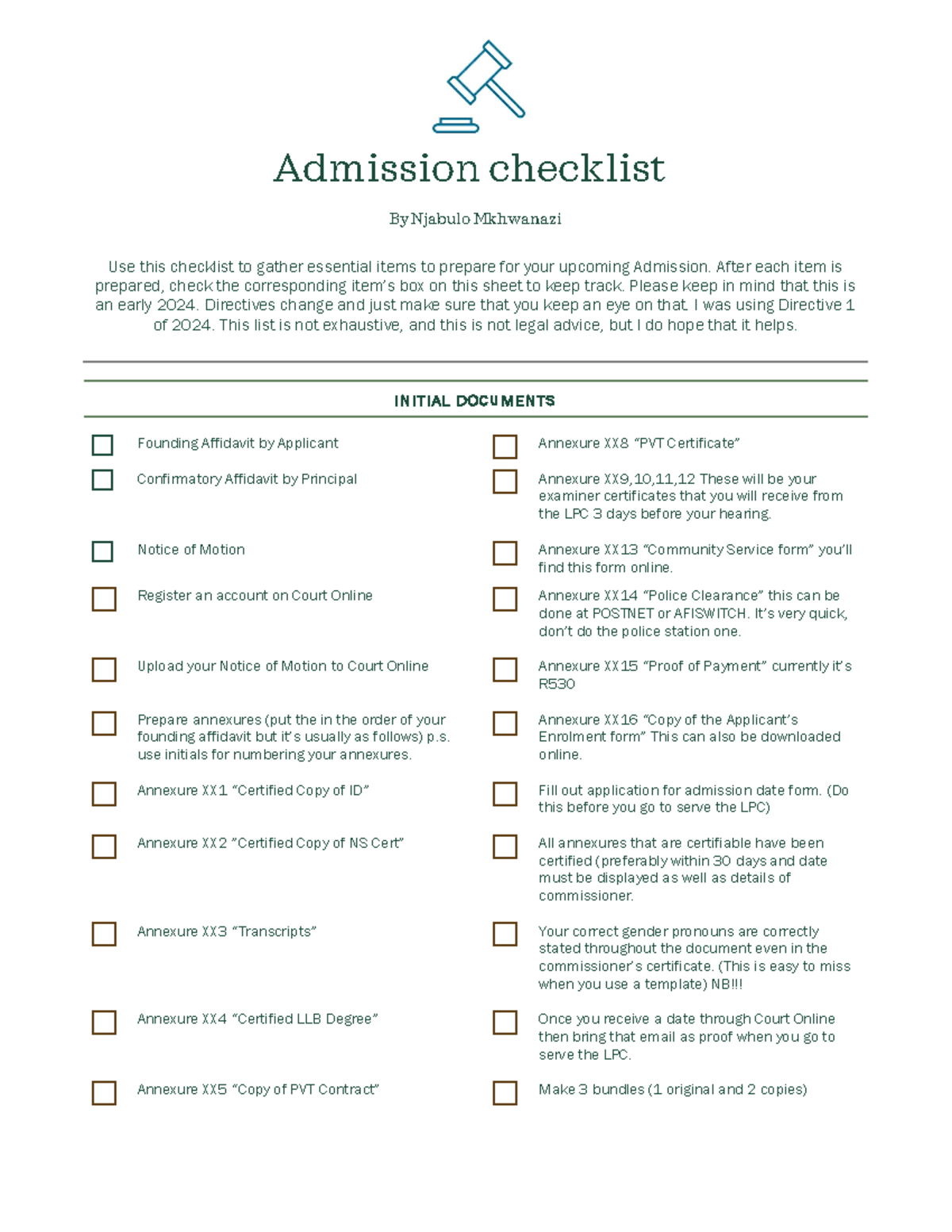 Admission Checklist (Gauteng) - Admission checklist By Njabulo ...
