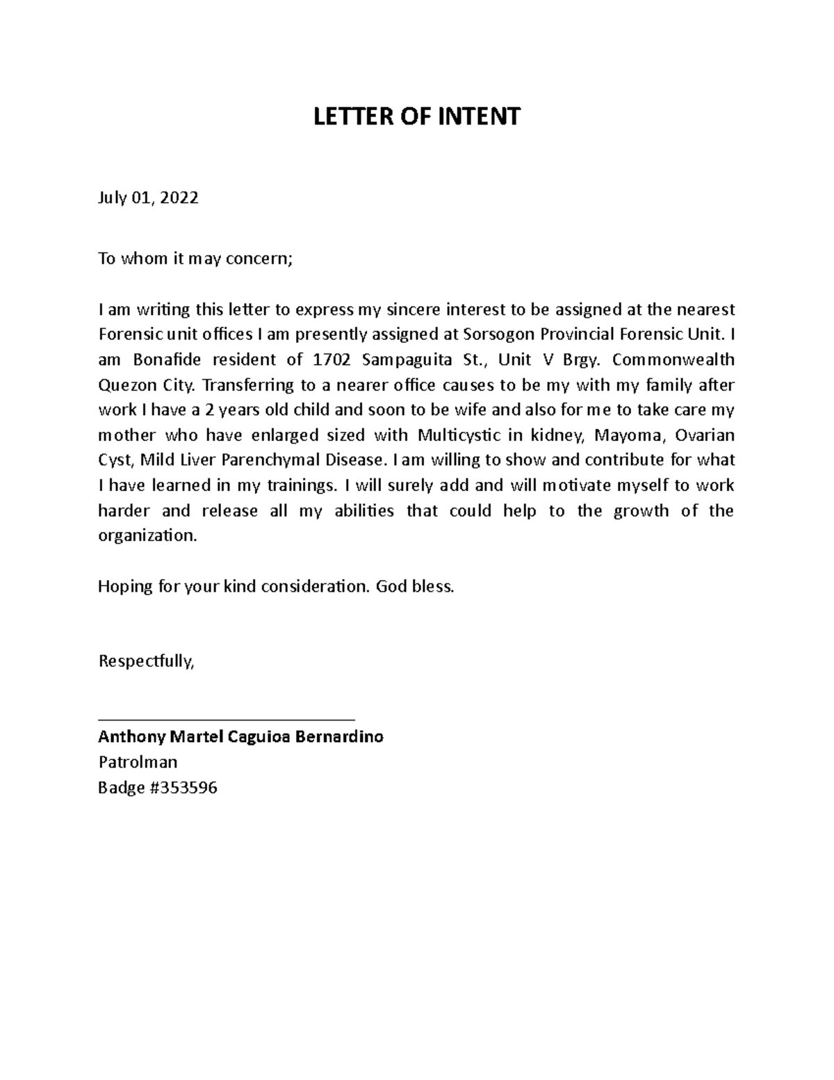 Letter OF Intent - nothing - LETTER OF INTENT July 01, 2022 To whom it ...