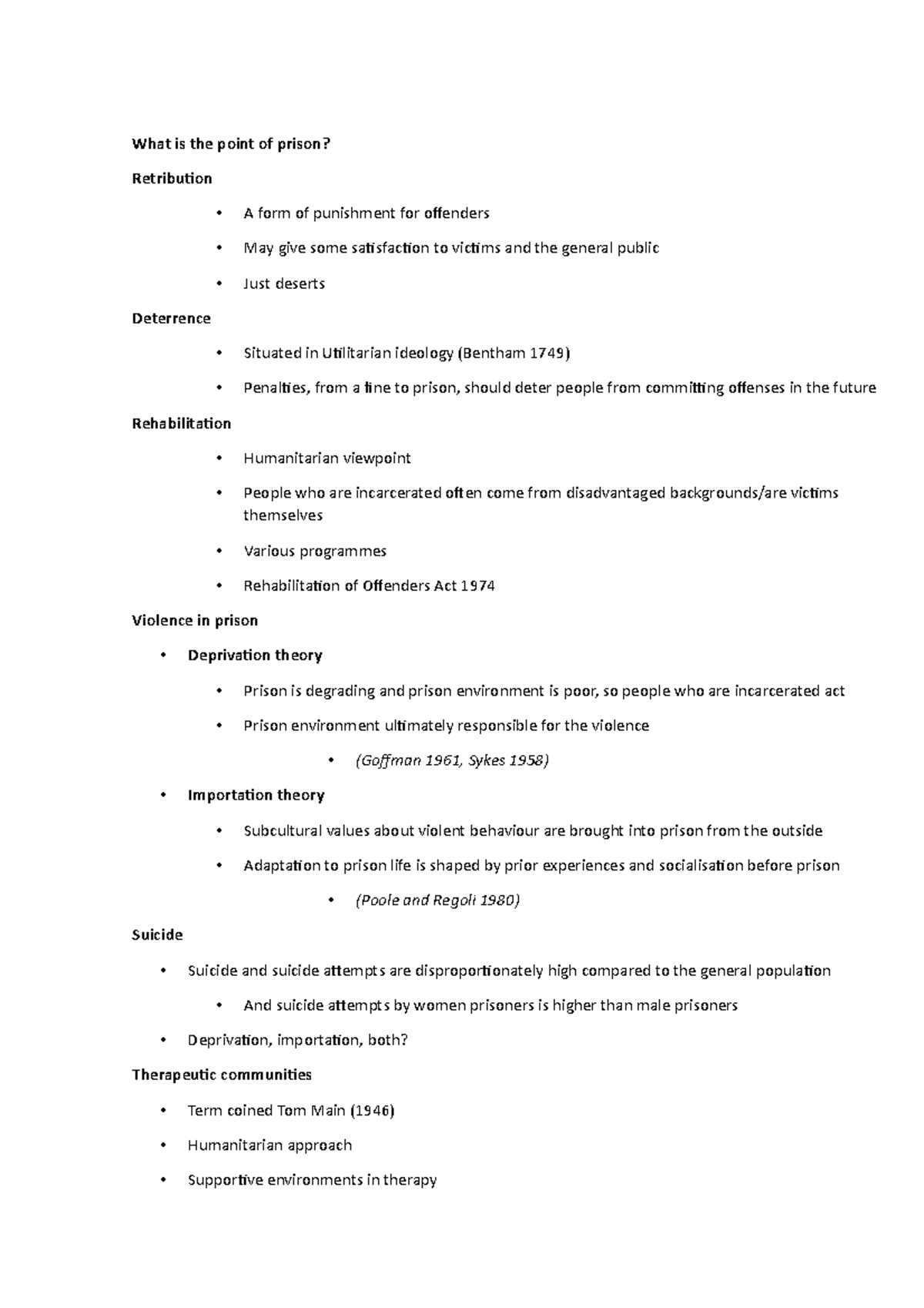 Week 8 - Prison - Lecture notes 8 - What is the point of prison ...