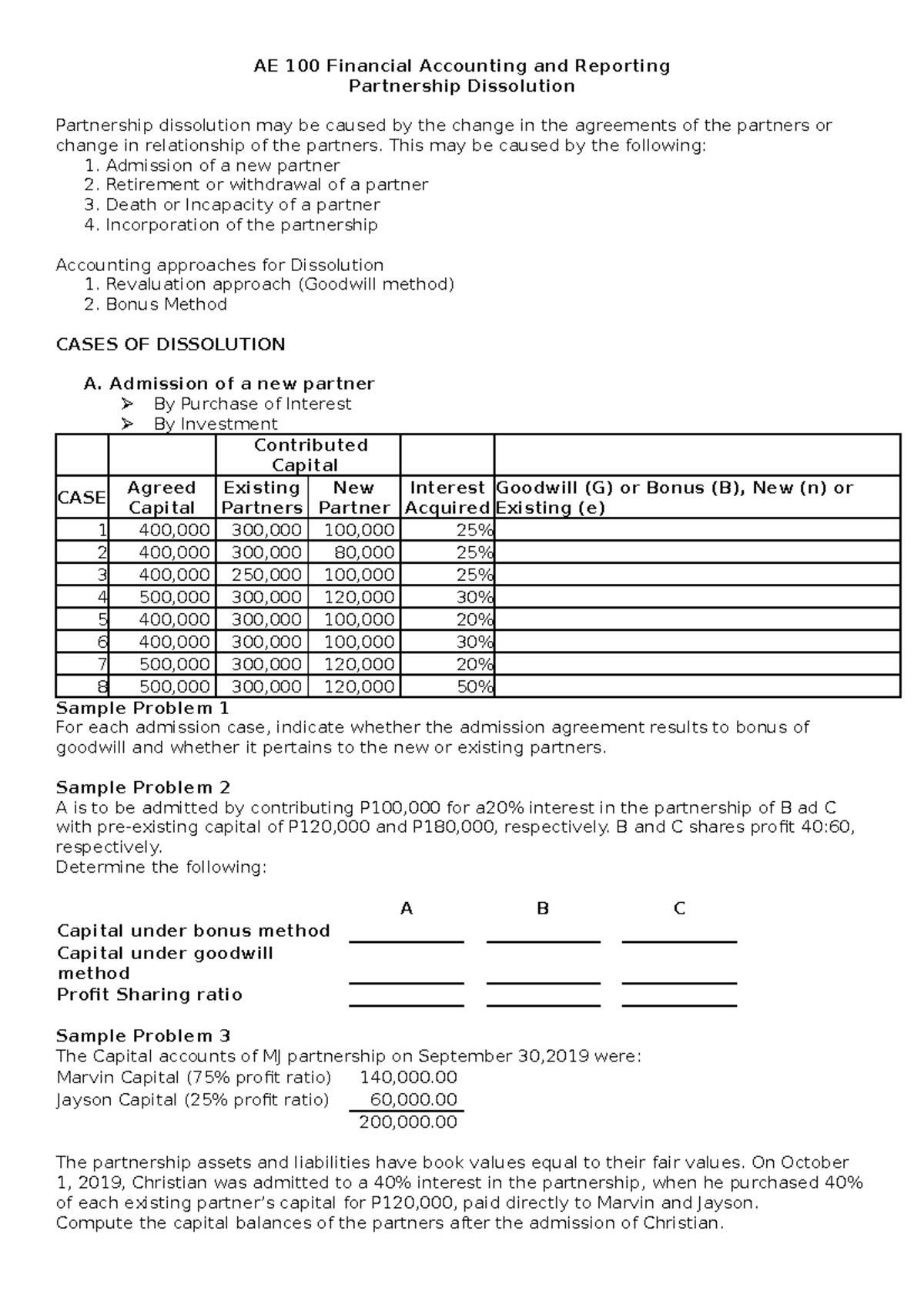 AE 100 Partnership Dissolution Notes and Sample Problems - Introduction ...