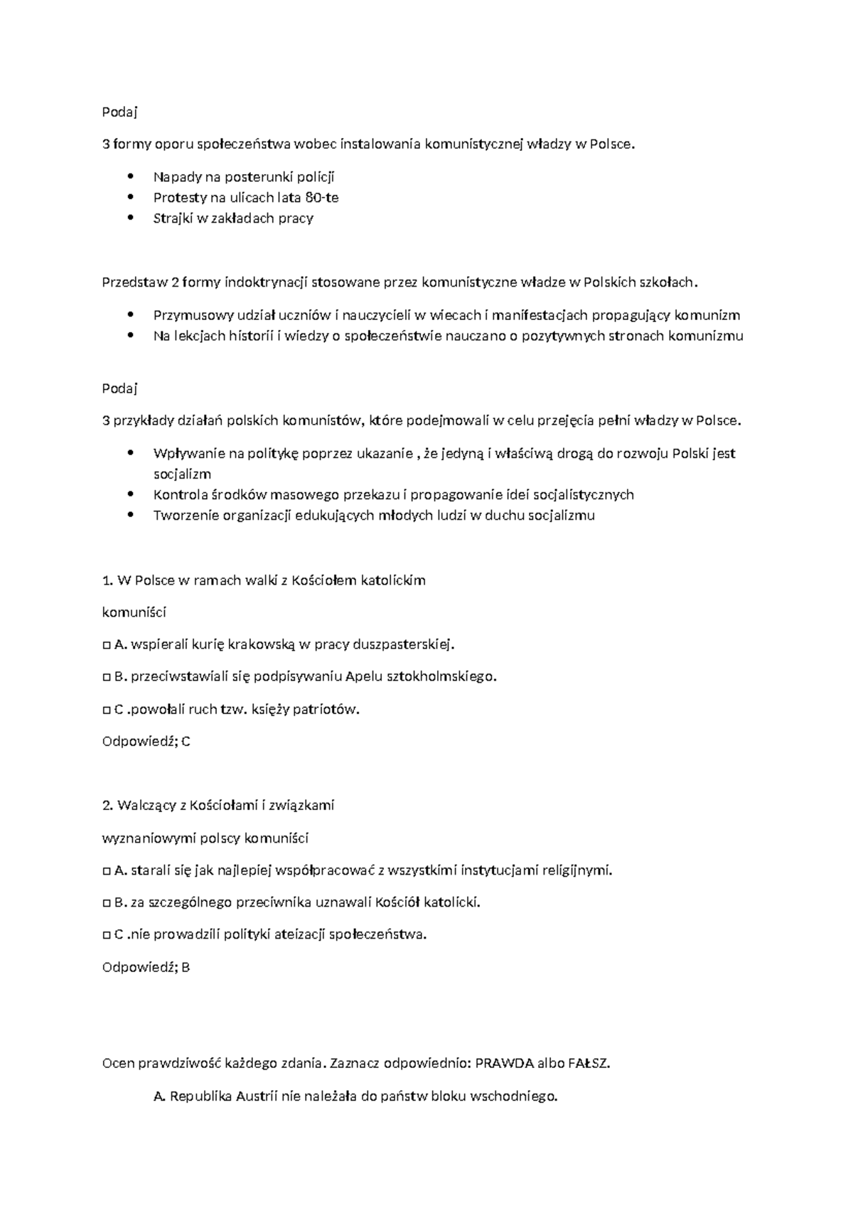 Hit praca domowa - Podaj 3 formy oporu społeczeństwa wobec instalowania komunistycznej władzy w ...