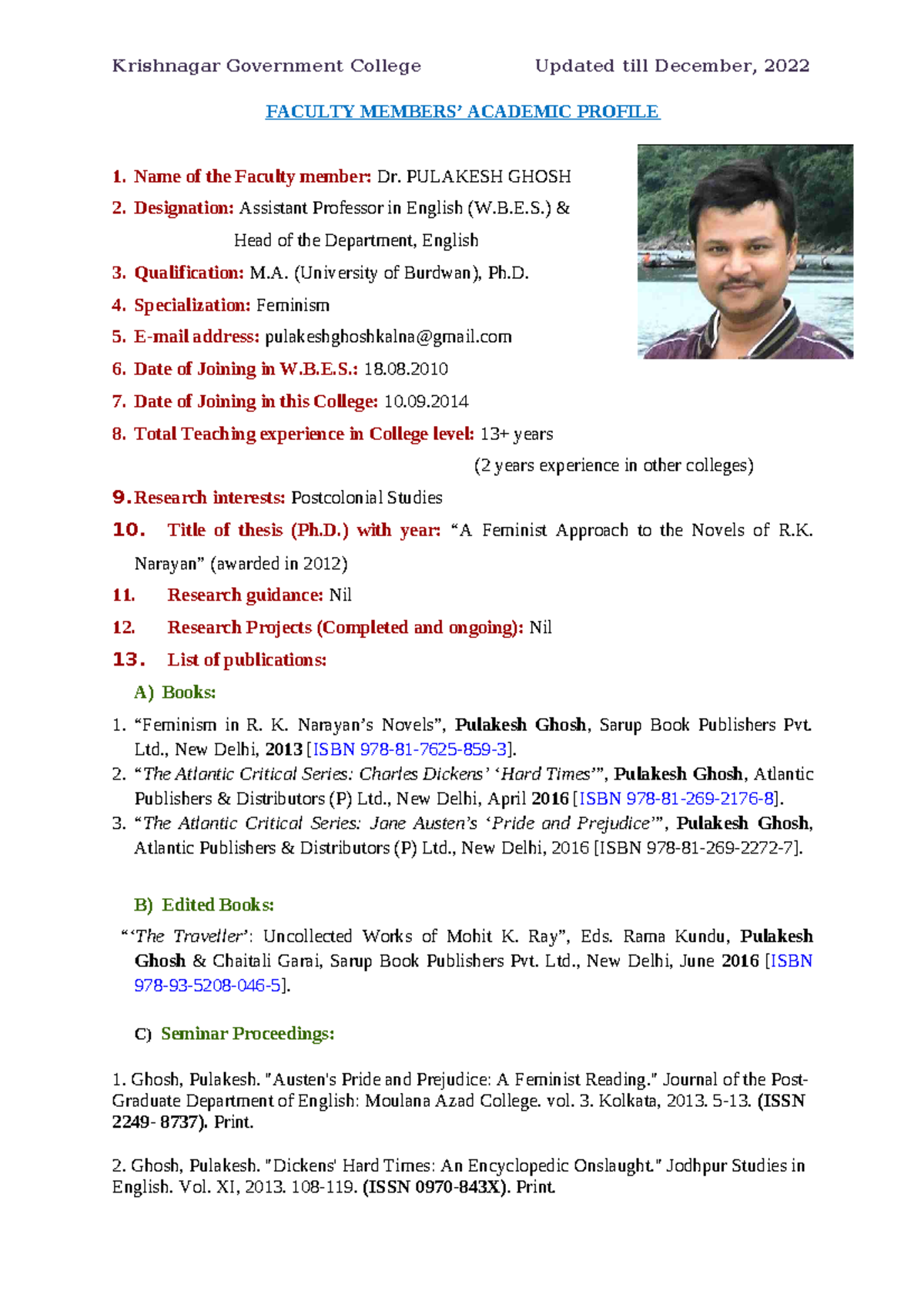 Eng 1 Dr Pulakesh Ghosh - Cghhh - FACULTY MEMBERS’ ACADEMIC PROFILE ...
