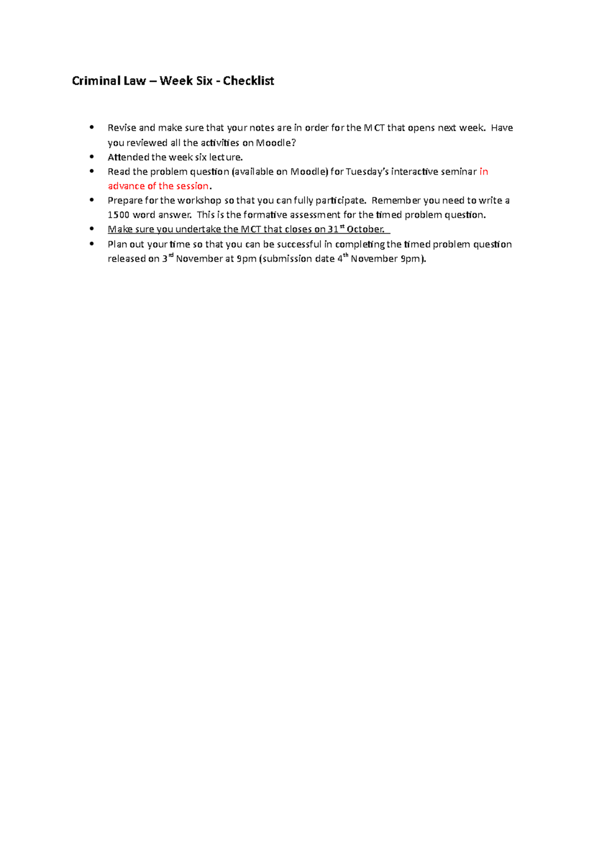 Week 6 Students Checklist - Criminal Law – Week Six - Checklist Revise and make sure that your ...