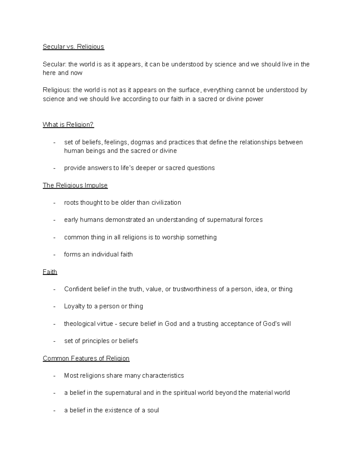Introduction to World Religions Notes - Secular vs. Religious Secular ...