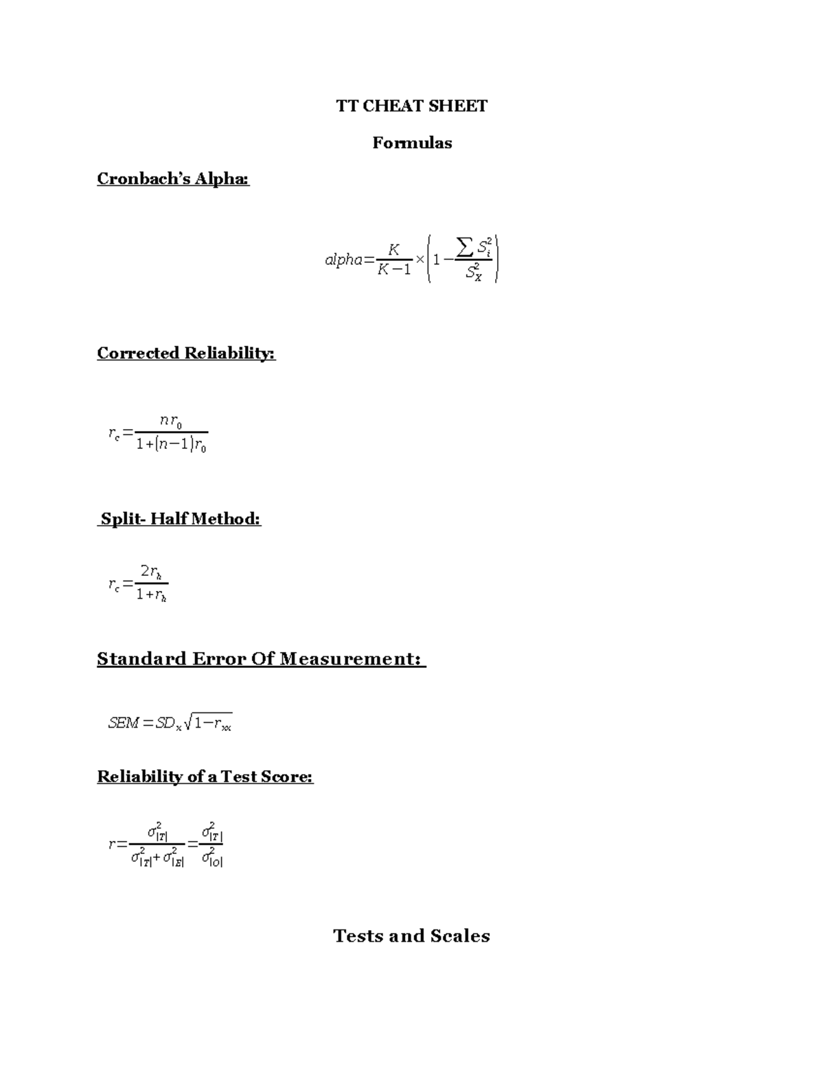 TT Cheat Sheet (Tests & Scales overview) - TT CHEAT SHEET Formulas ...