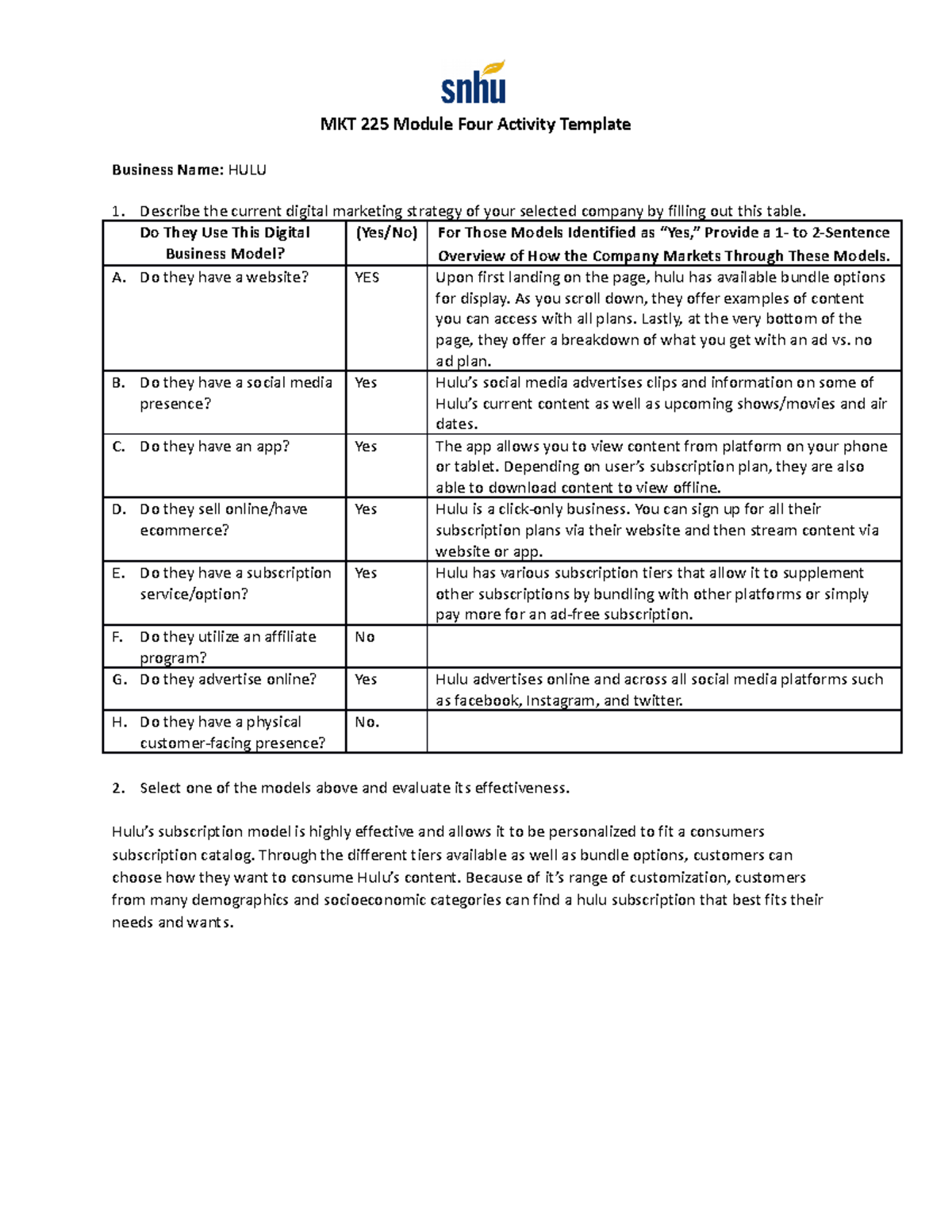 MKT 225 Module Four Activity NM - MKT-225-H7655 - SNHU - Studocu