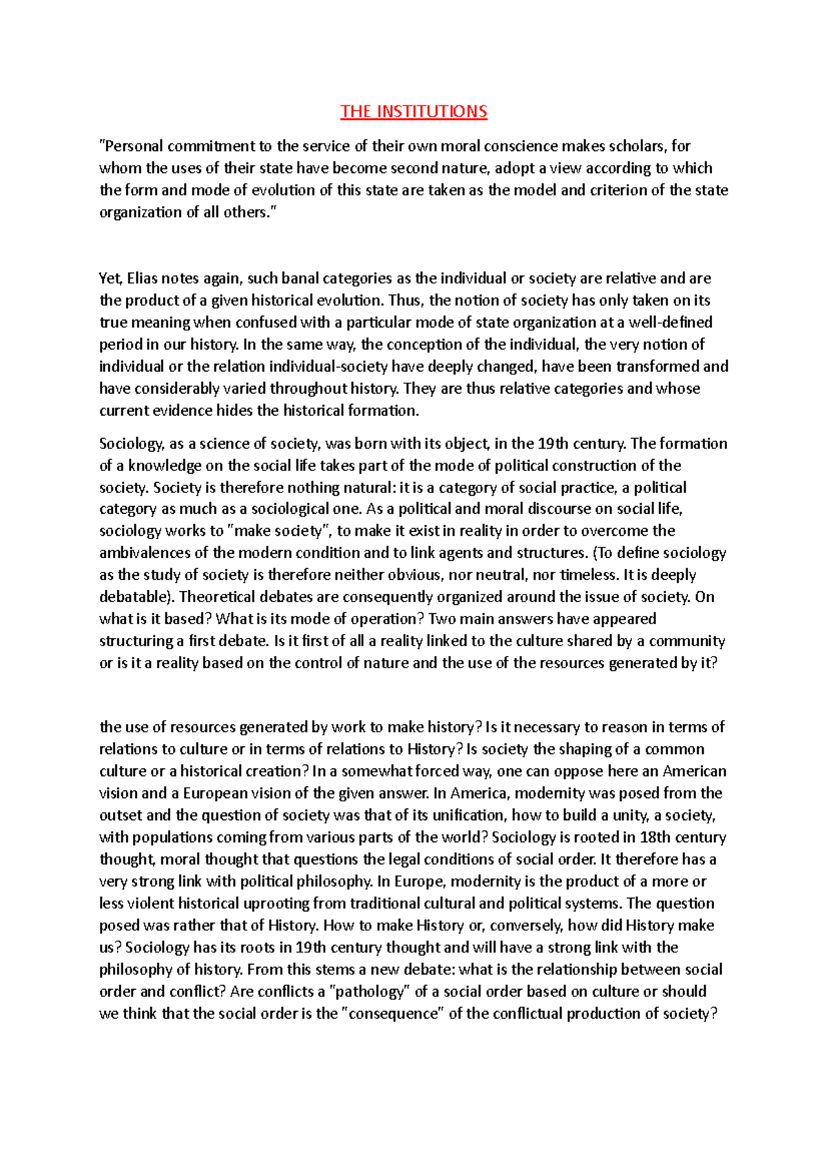 Introduction to sociology 10 - THE INSTITUTIONS "Personal commitment to ...