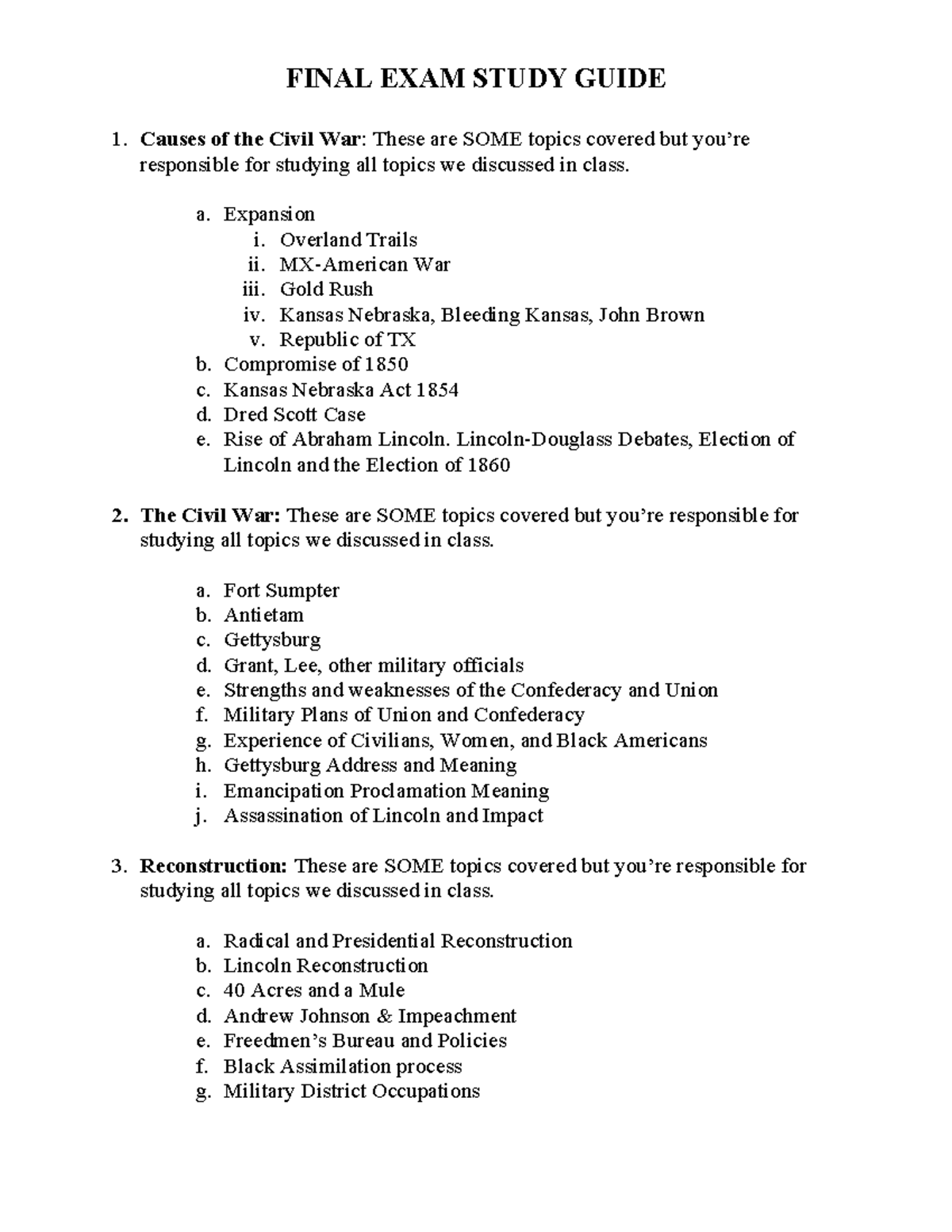 Final Exam Study Guide - FINAL EXAM STUDY GUIDE Causes of the Civil War ...