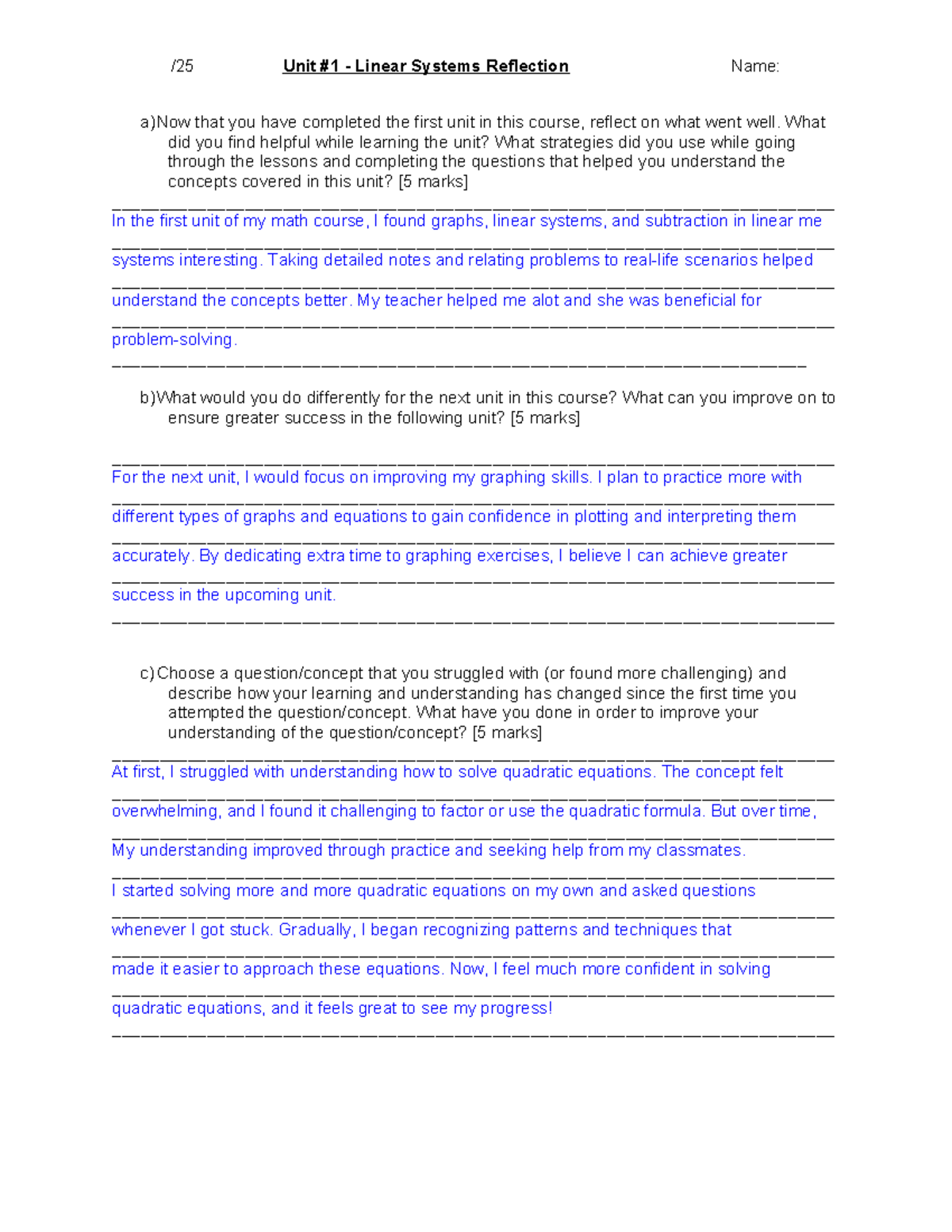 Copy of 4. Unit 1 - Linear Systems Reflection - /25 Unit #1 - Linear ...