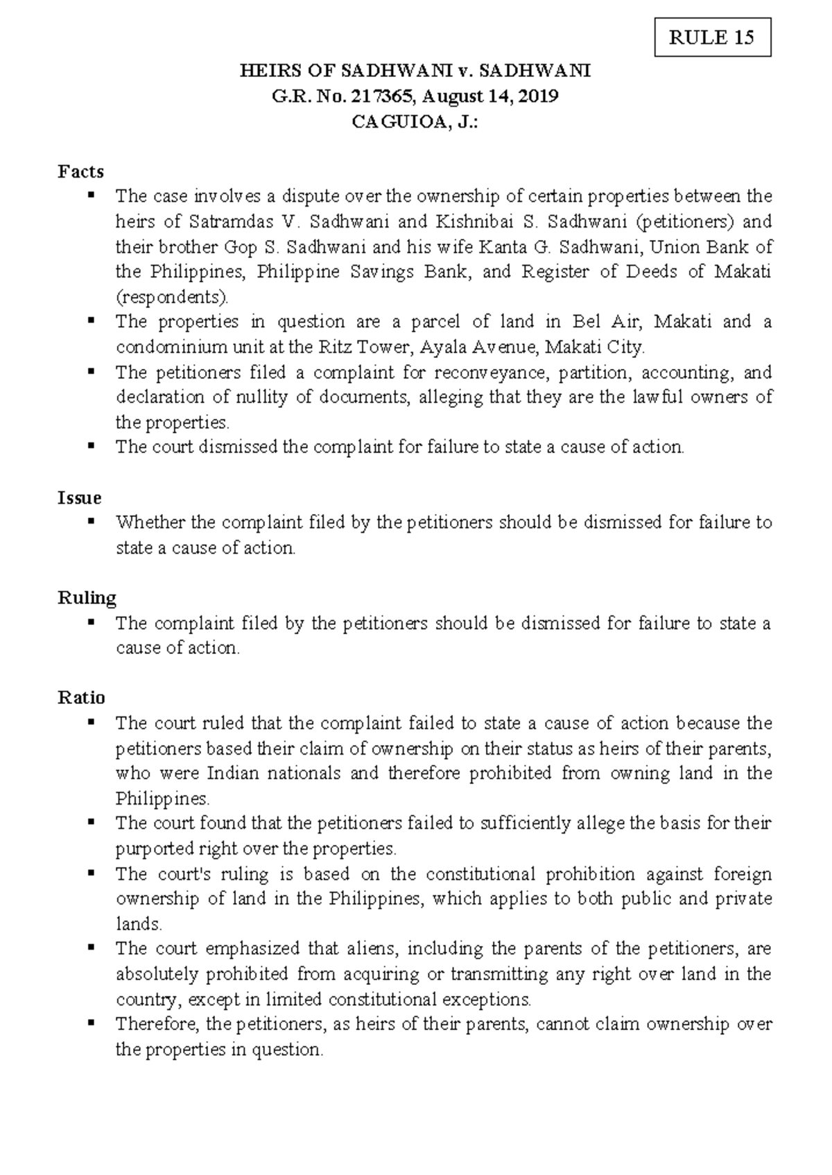 Rule 15 29 Case Digests - cases in law - HEIRS OF SADHWANI v. SADHWANI ...
