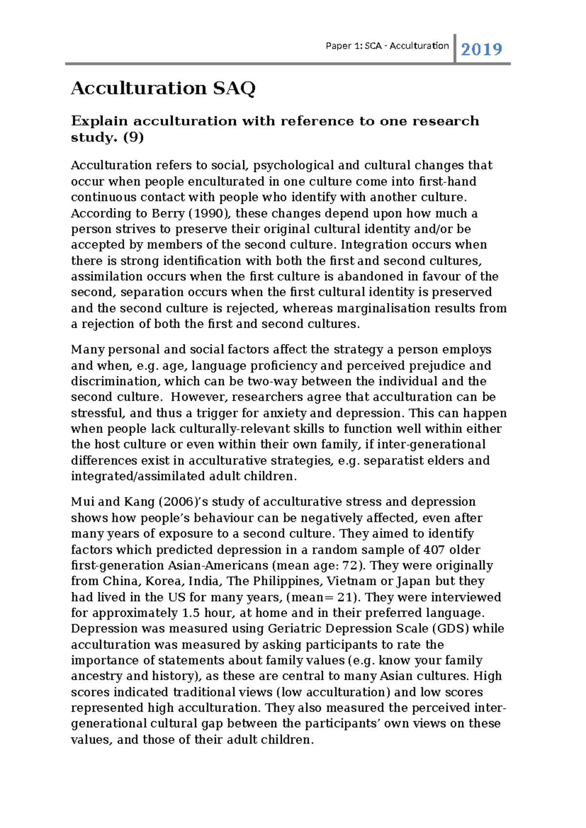 Saq-acculturation 3 - Psychology SAQ Answer practise - Paper 1: SCA - Acculturation 2019 - Studocu