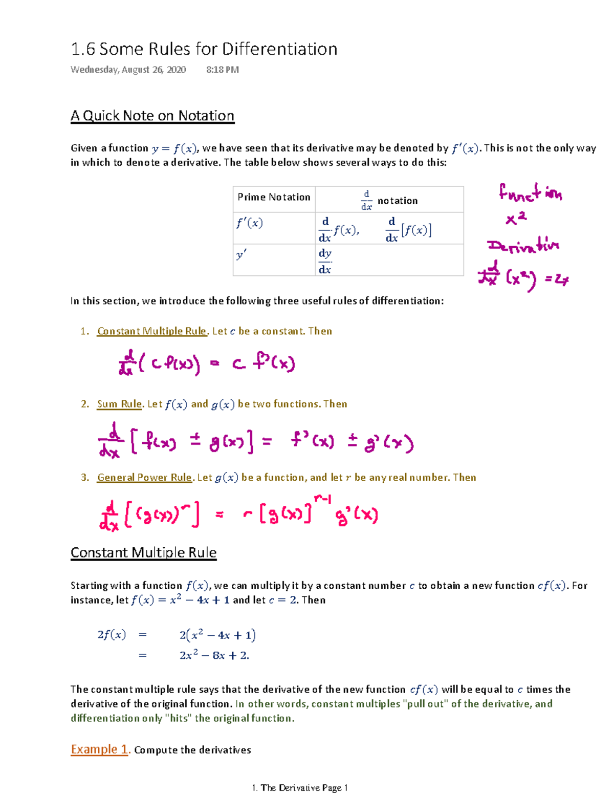1.6 Some Rules for Differentiation - A Quick Note on Notation Prime ...