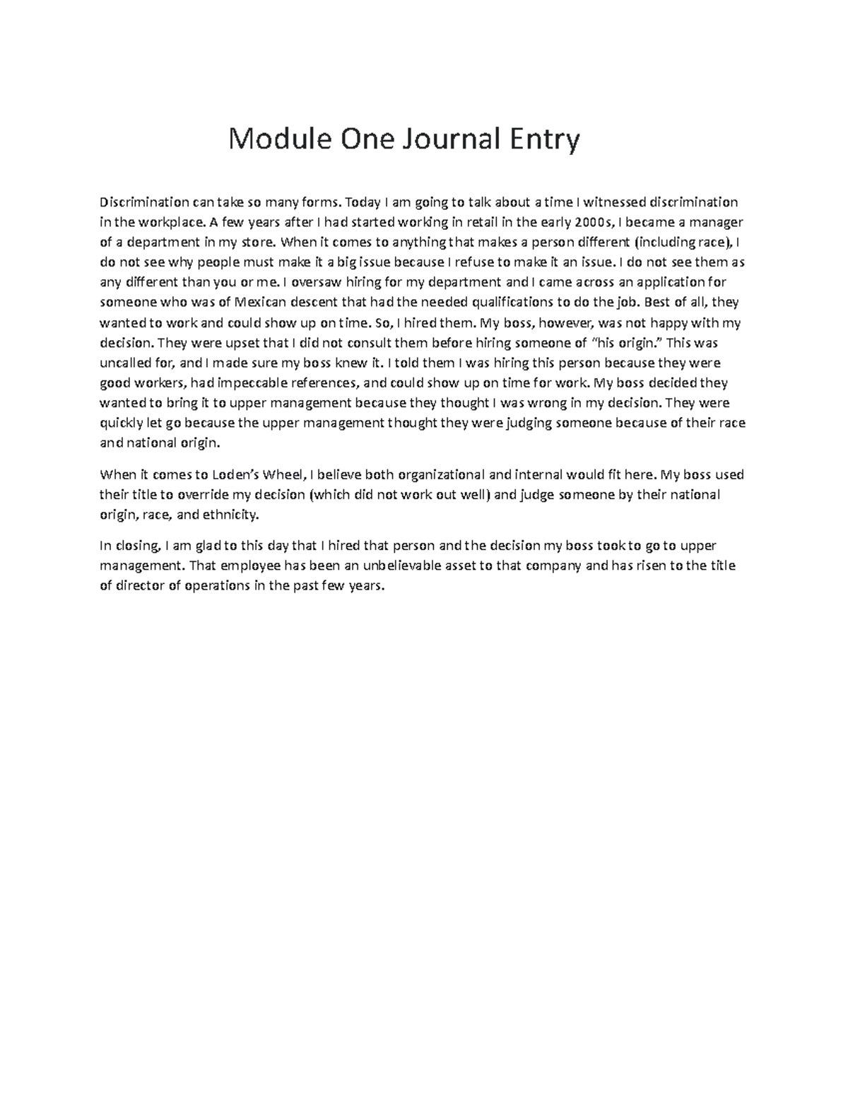 Module 1 journal entry - none - Module One Journal Entry Discrimina琀椀on ...