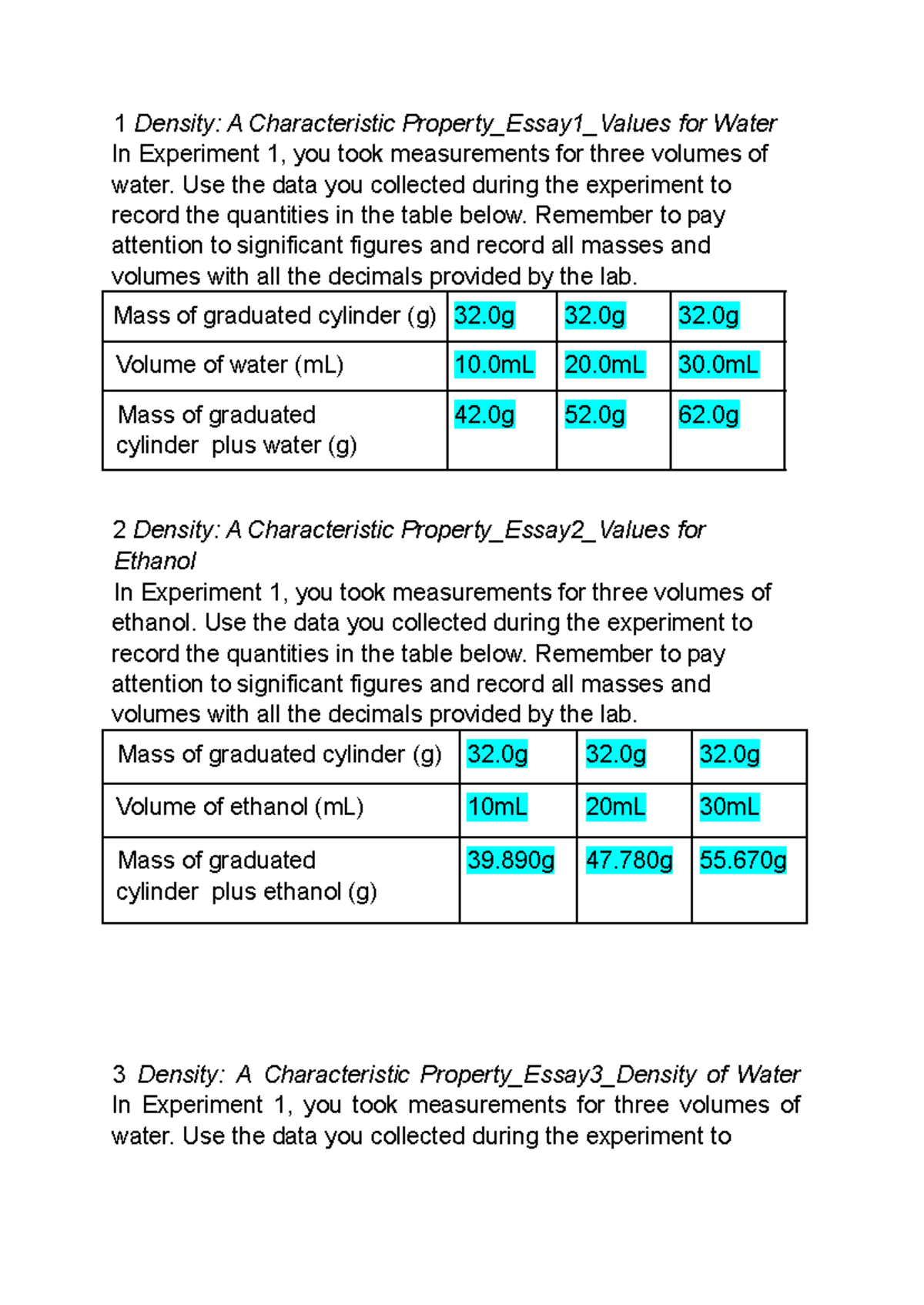 LAB 5 - LAB - 1 Density: A Characteristic Property_Essay1_Values for Water In Experiment 1, you ...