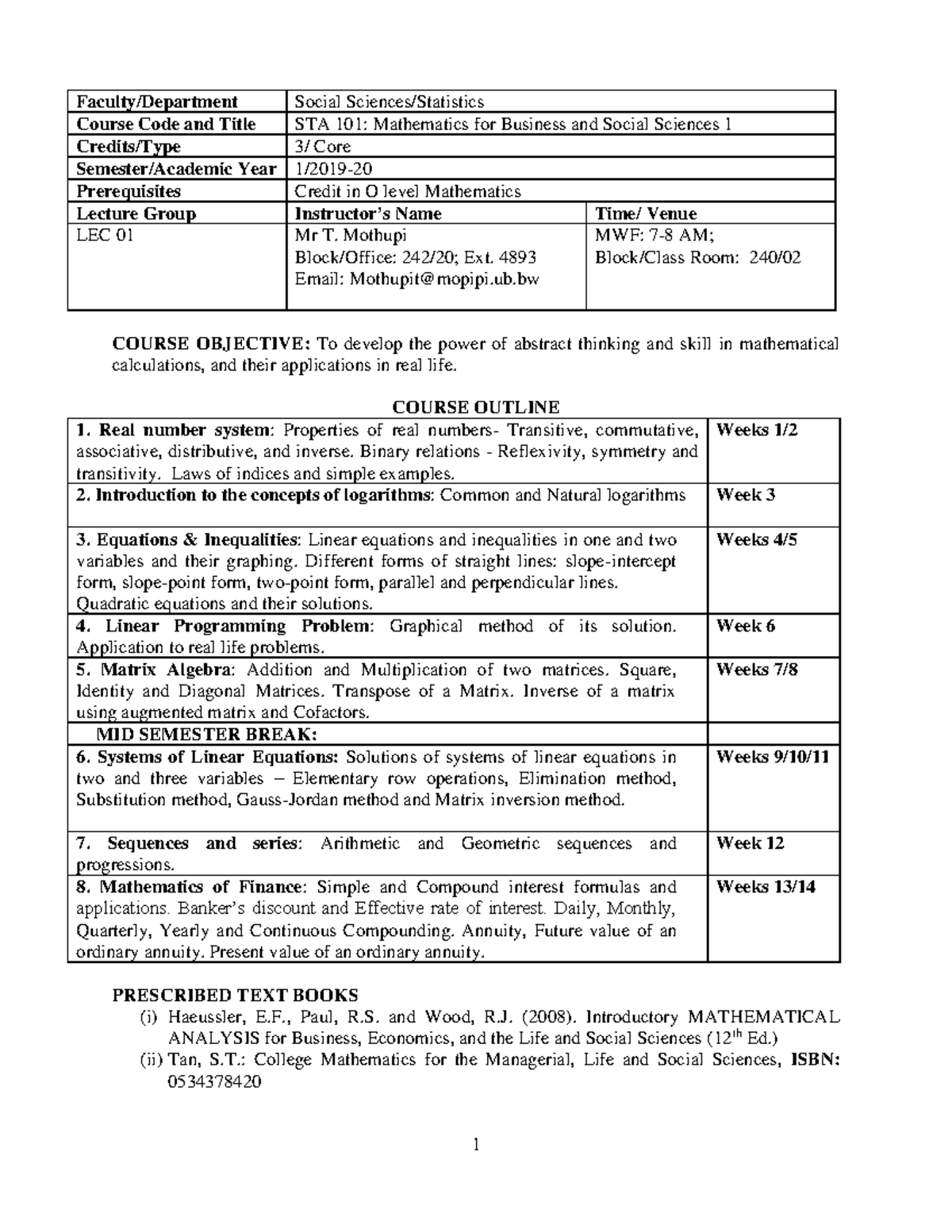 STA 101 -Course outline 2023 - 1 Faculty/Department Social Sciences ...