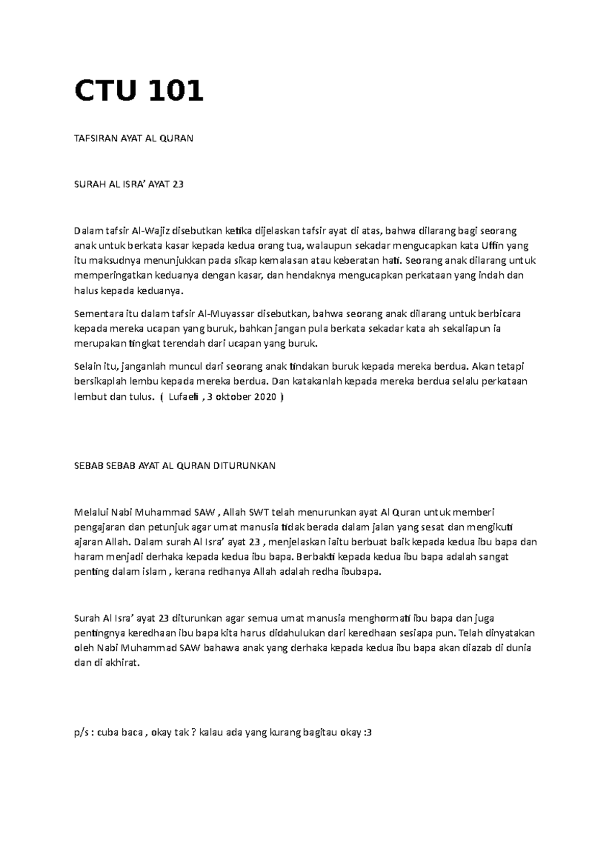 Prinsip Asas Islam CTU 101 Perkara Ghaibiyah - CTU 101 TAFSIRAN AYAT AL QURAN SURAH AL ISRA ...