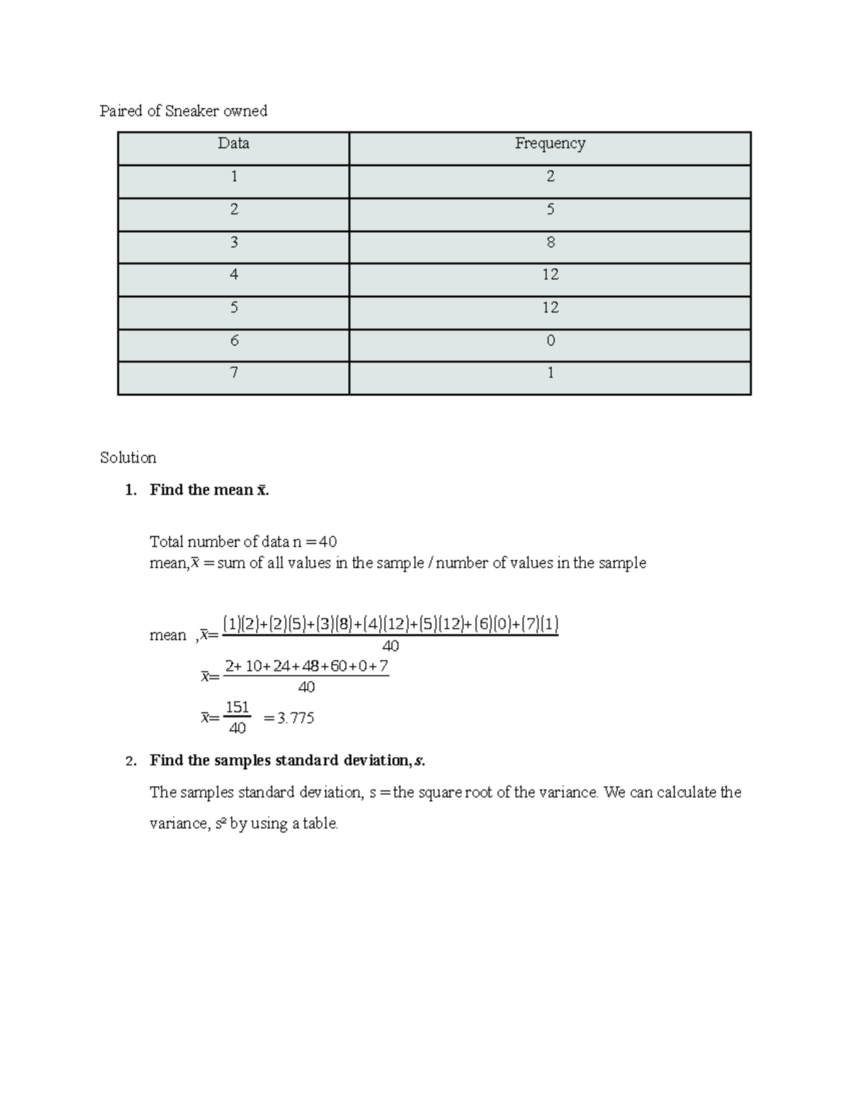 Unit2 Written Assignment Math1280 Paired Of Sneaker Owned Data Frequency 1 2 2 5 3 8 4 12 5 12