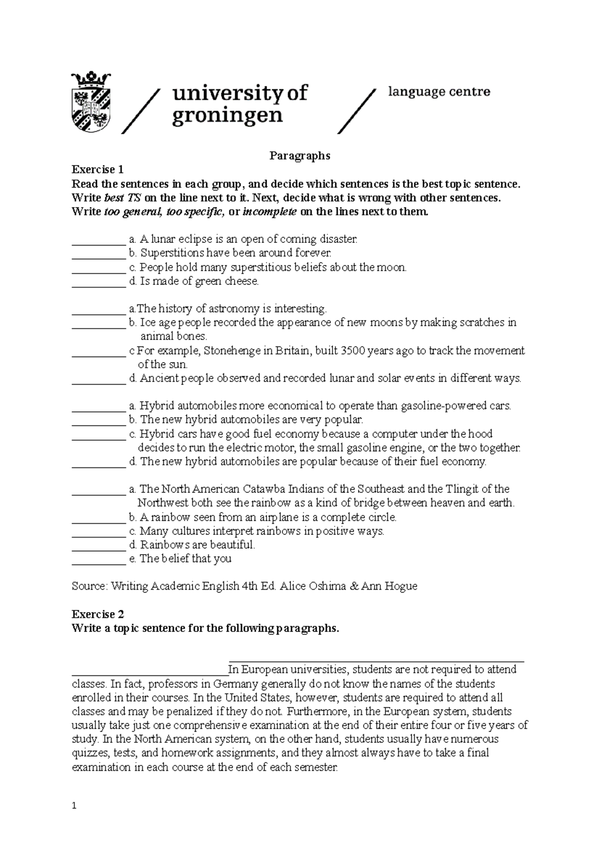 IB - Writing Paragraphs worksheet - Paragraphs Exercise 1 Read the ...
