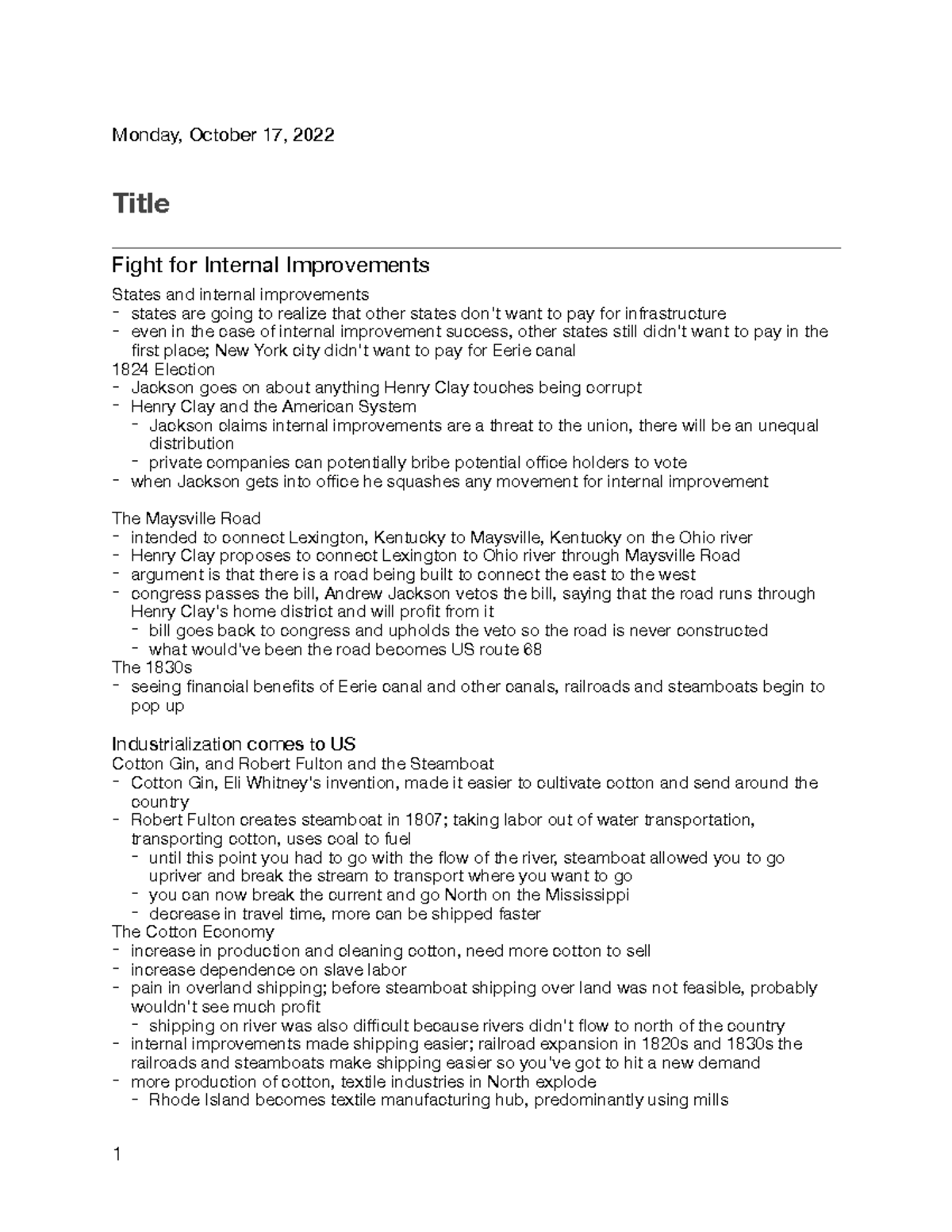 Internal Improvements and Workers in Industrialization - Monday ...