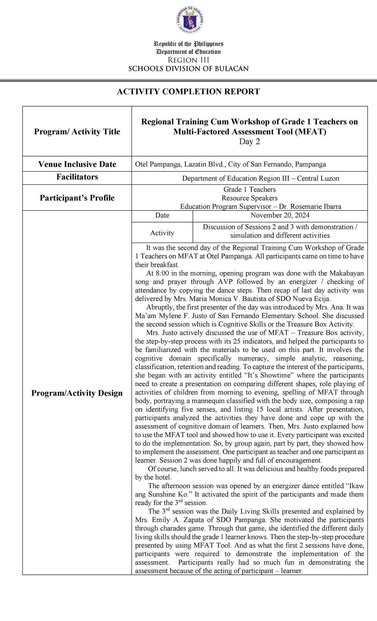 DAY 2 ACR MFAT Regional Training CUM Workshop - Department of Education ...
