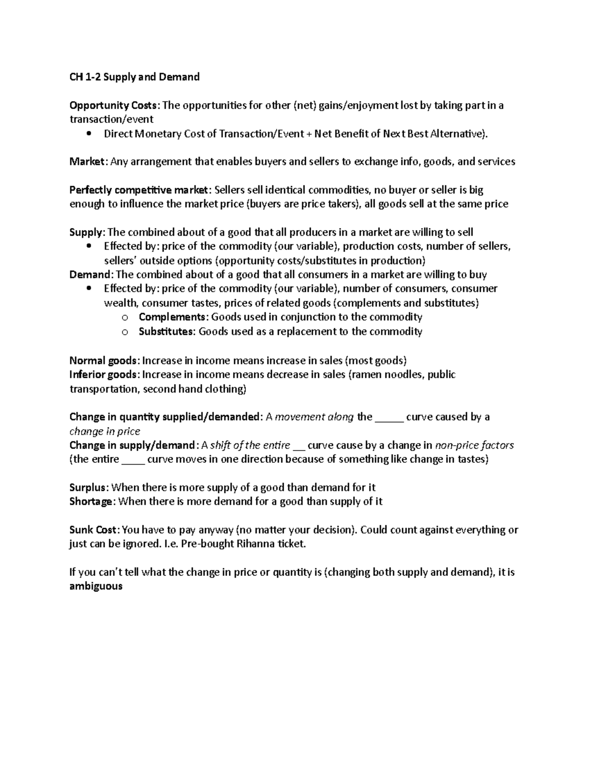 Microeconomics Notes - CH 1-2 Supply and Demand Opportunity Costs: The ...