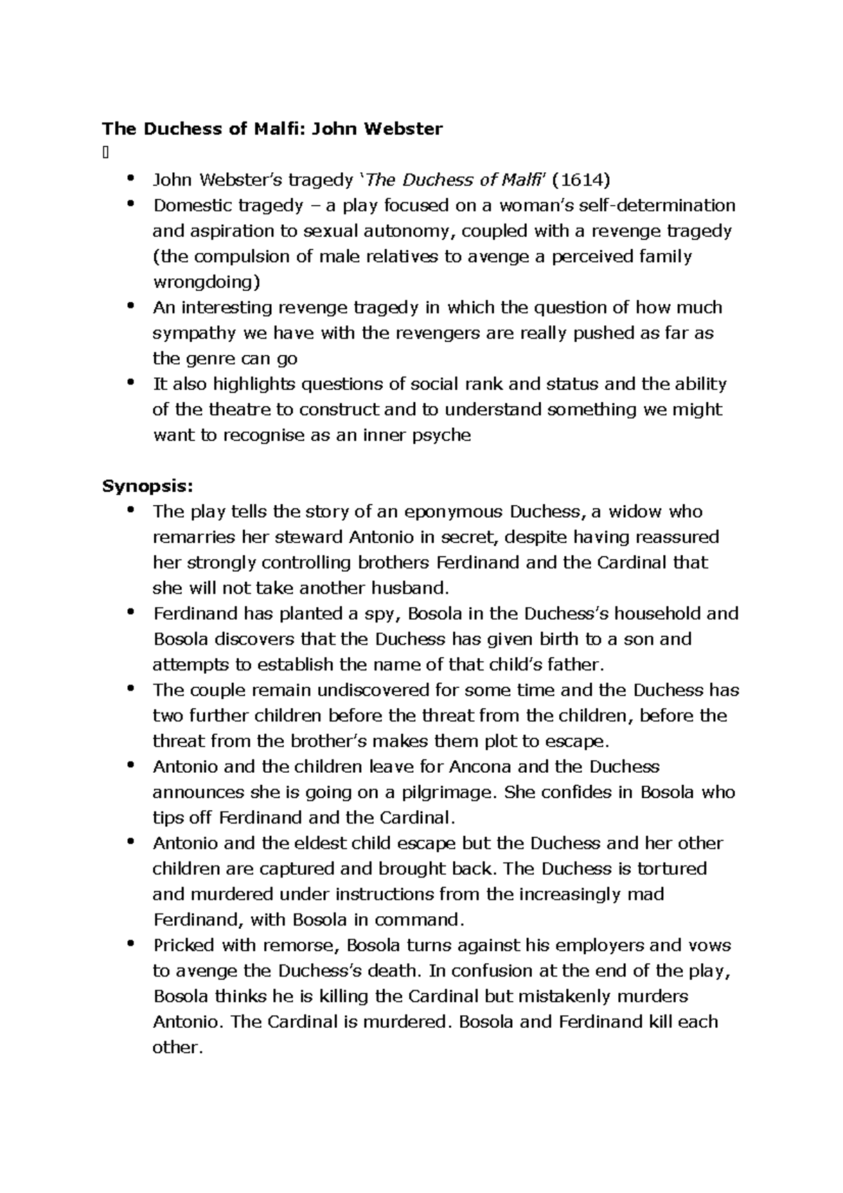 Duchess of Malfi OCR A-level lecture notes - The Duchess of Malfi: John ...