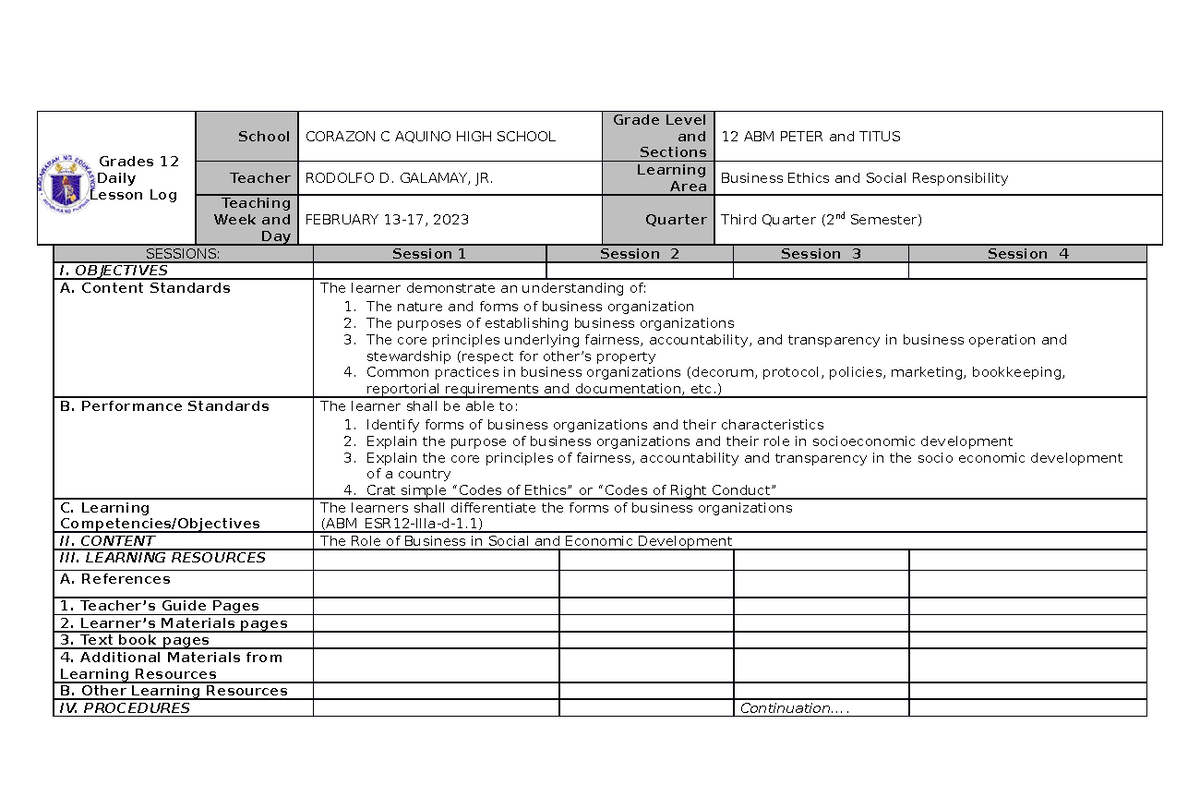 DLL-week-1 - DAILY LESSON LOG IN BUSINESS ETHICS AND SOCIAL ...