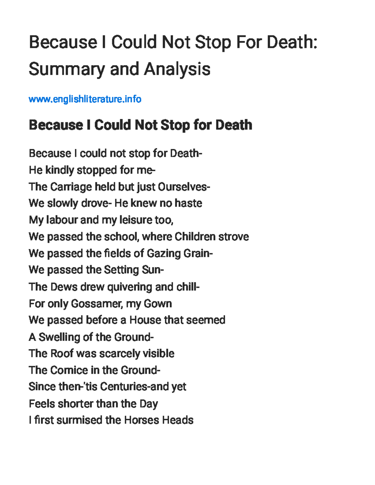 Because I Could Not Stop For Death Summary and Analysis - Because I ...