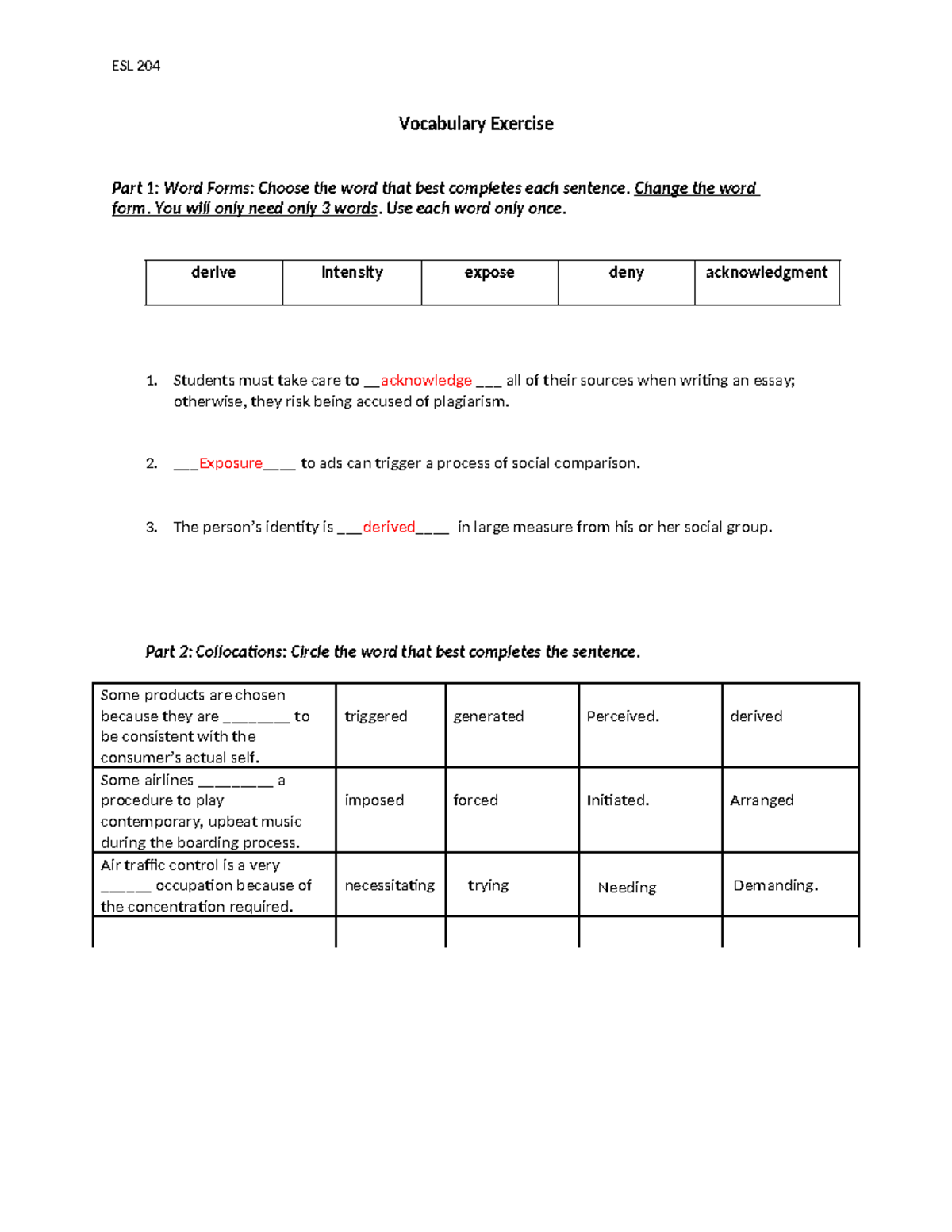 Vocabulary Exercise Collocations Synonyms - ESL 204 Vocabulary Exercise Part 1: Word Forms ...