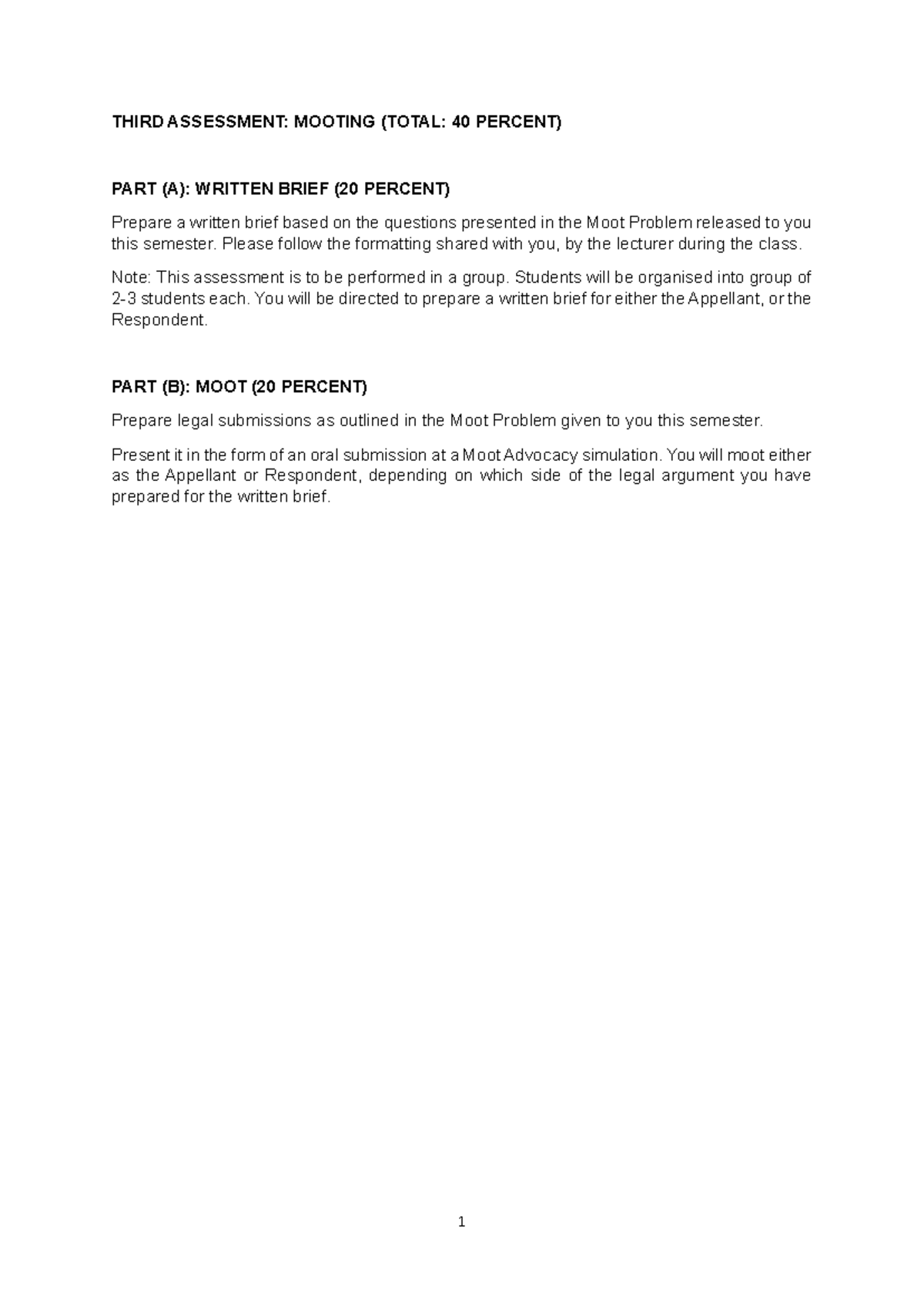 Third Assessment ( Mooting) March 2024 - THIRD ASSESSMENT: MOOTING (TOTAL: 40 PERCENT) PART (A ...