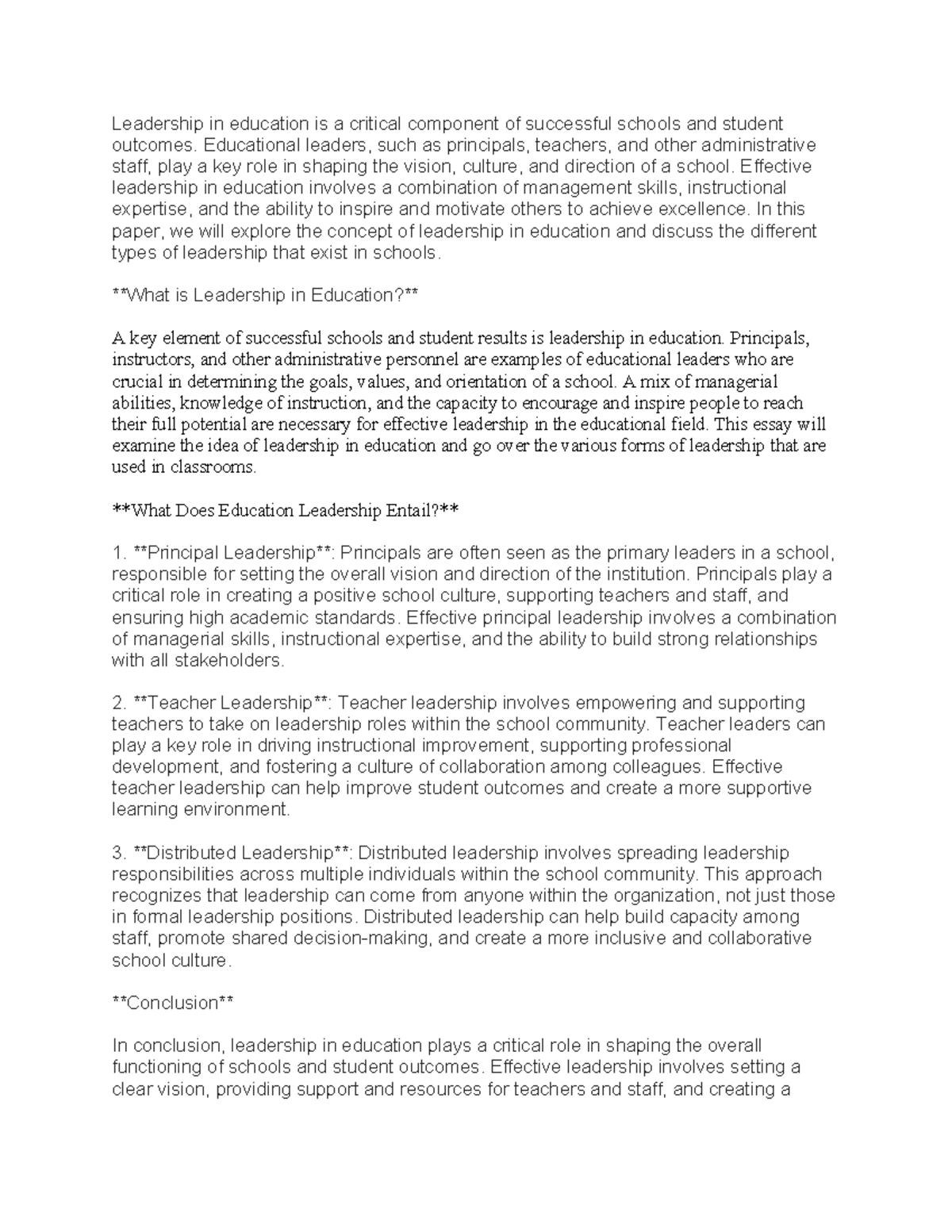 Leadership rough work assignment - Leadership in education is a ...