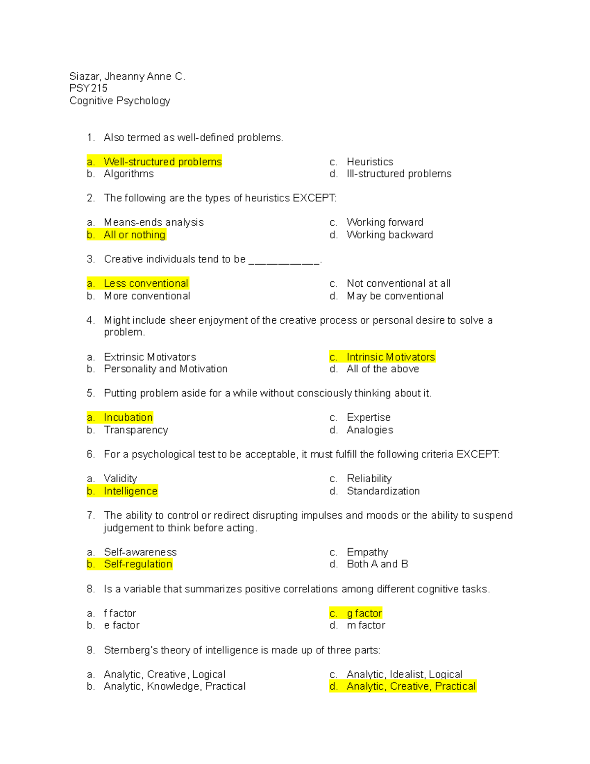 cognitive psychology - self made exam items - Siazar, Jheanny Anne C ...