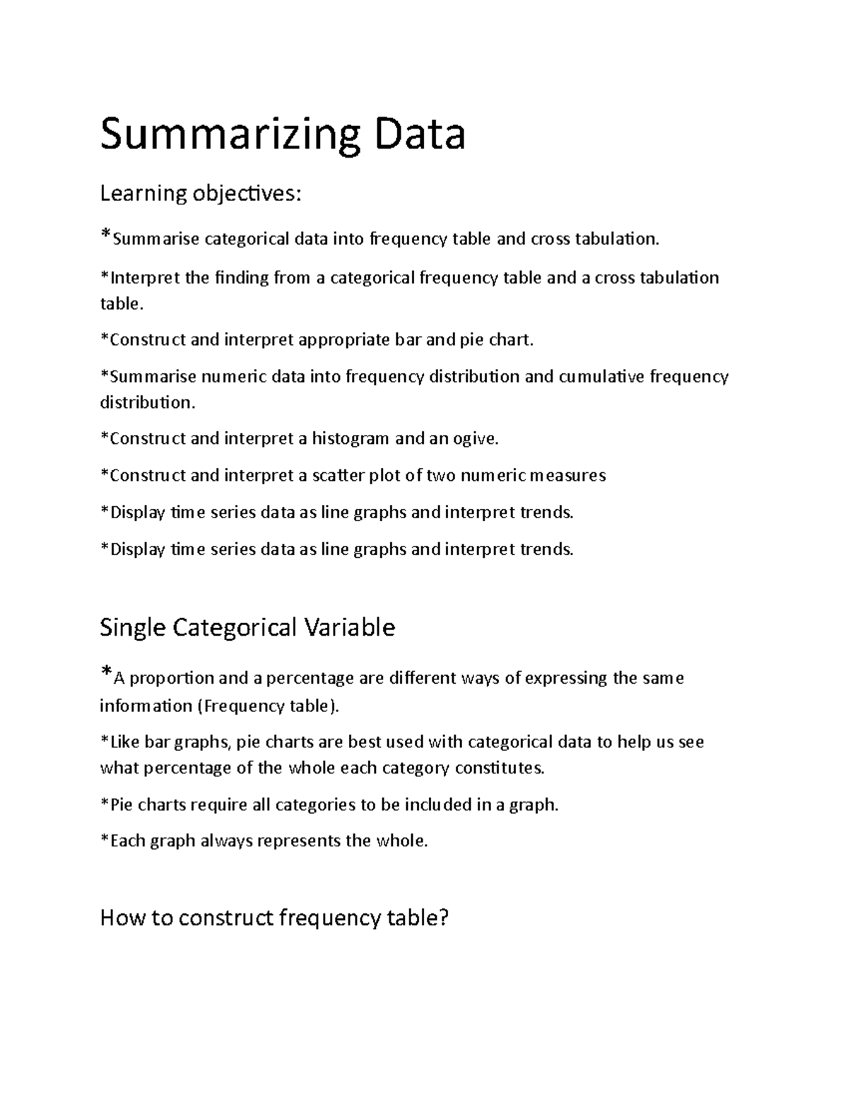 Summarizing Data - Notes - Summarizing Data Learning objectives ...