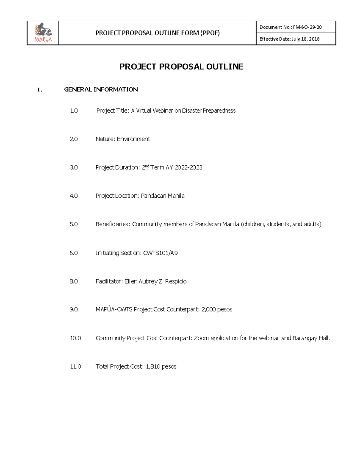 PPO-Final - Assignment in CWTS - PROJECT PROPOSAL OUTLINE FORM (PPOF ...