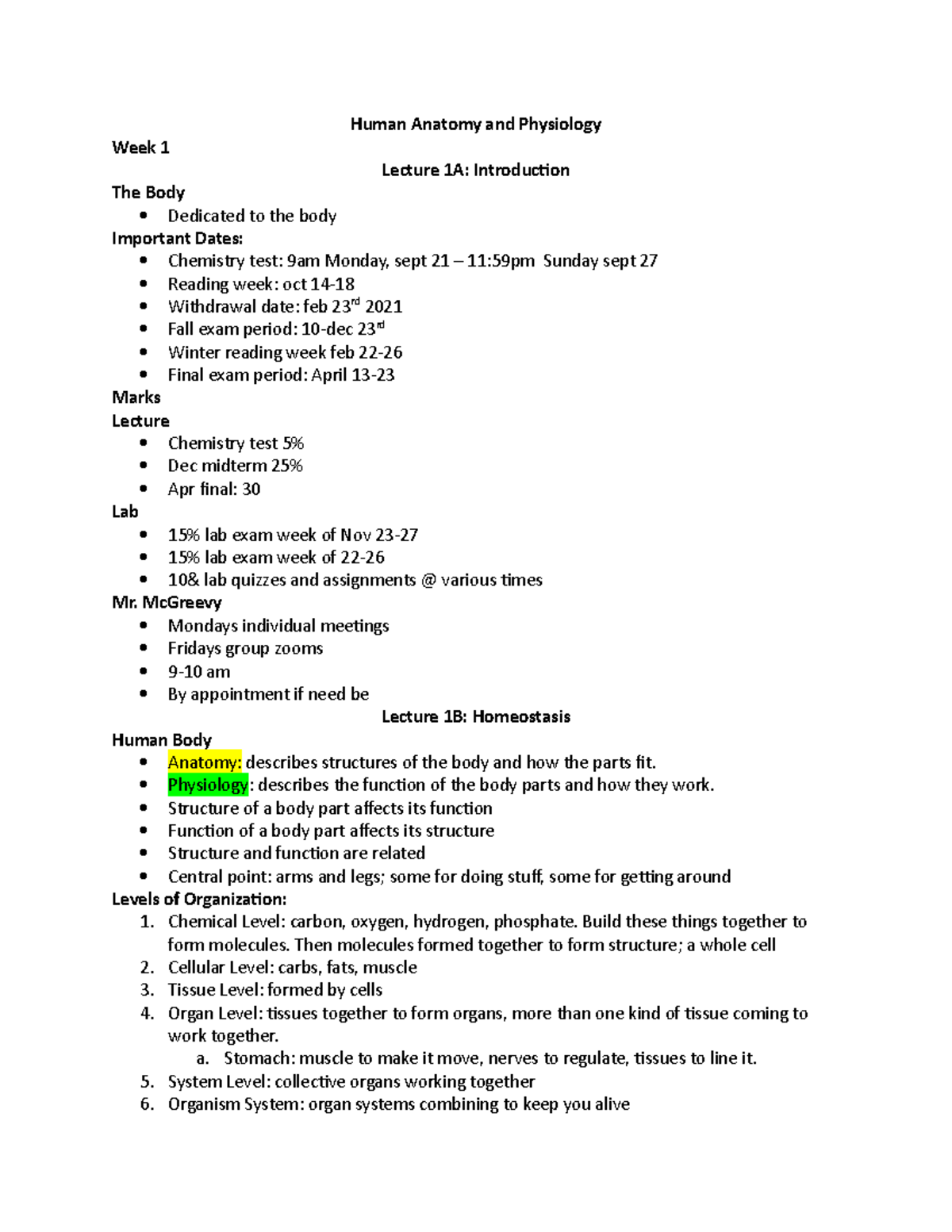 Human Anatomy and Physiology - McGreevy Mondays individual meetings ...