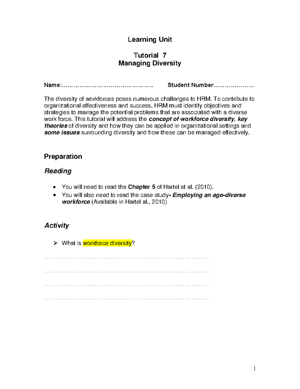 Tutorial 7-10 work, Introduction to HRM, questions - Learning Unit ...