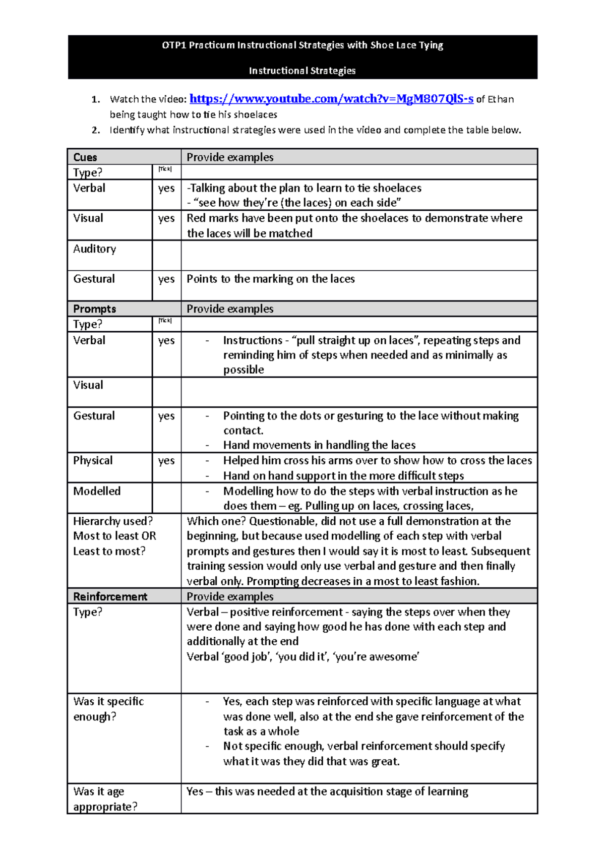 OTP1 Practicum Shoe lace Tying activity worksheet for students - OTP1 ...