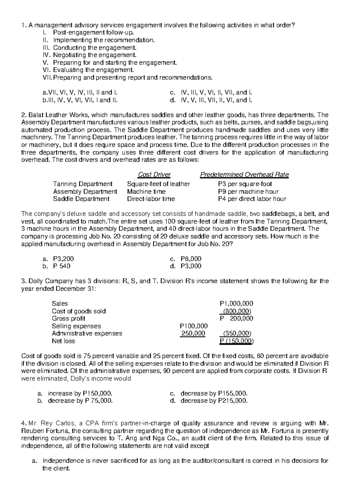 MAS Review - A management advisory services engagement involves the ...