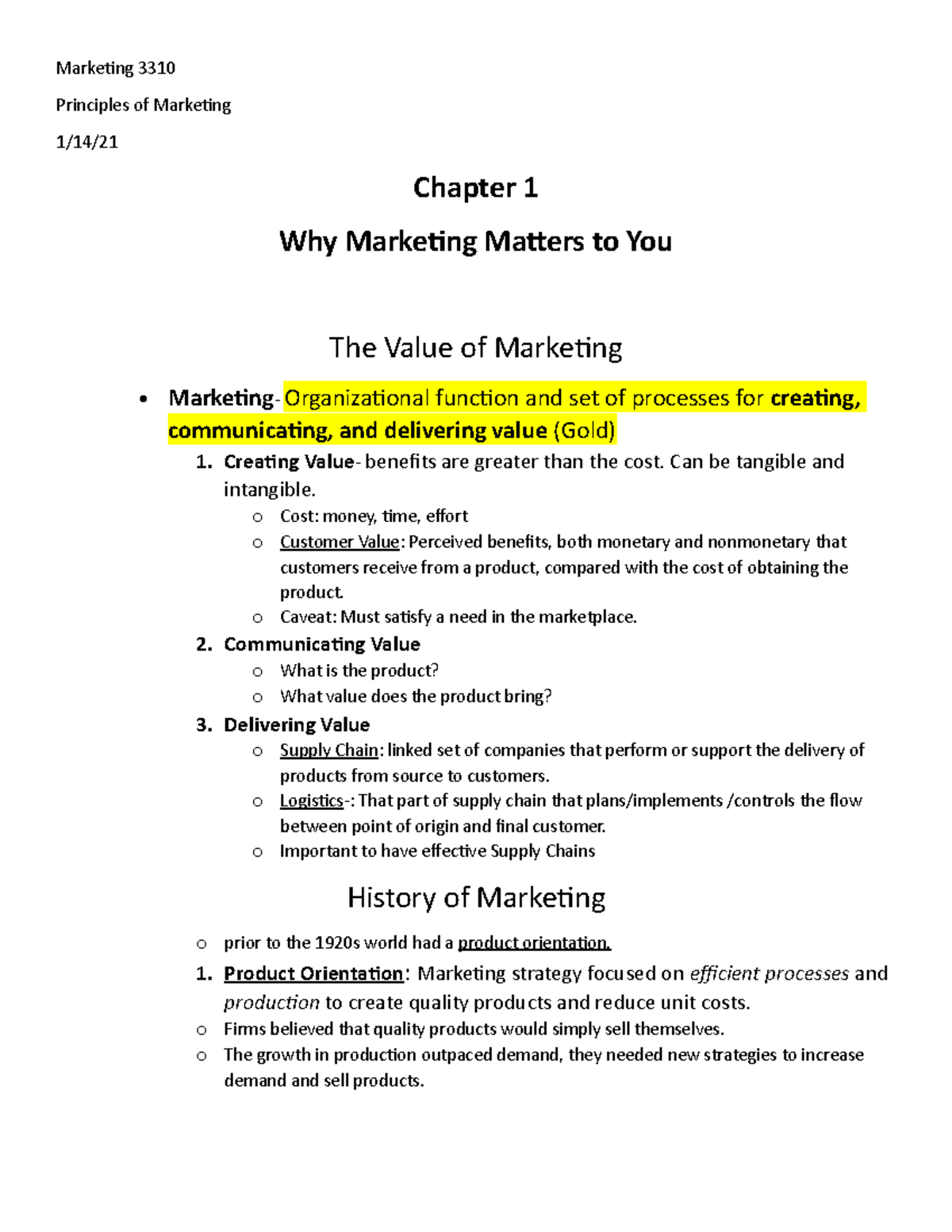 Marketing 3310 Chapter 1 Notes - Markeing 3310 Principles of Markeing 1 ...