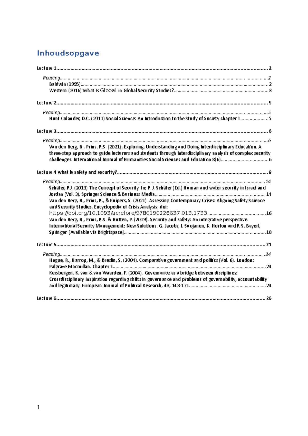 Lectures - lecture slides introduction to safety and security - Inhoudsopgave Lecture - Studeersnel