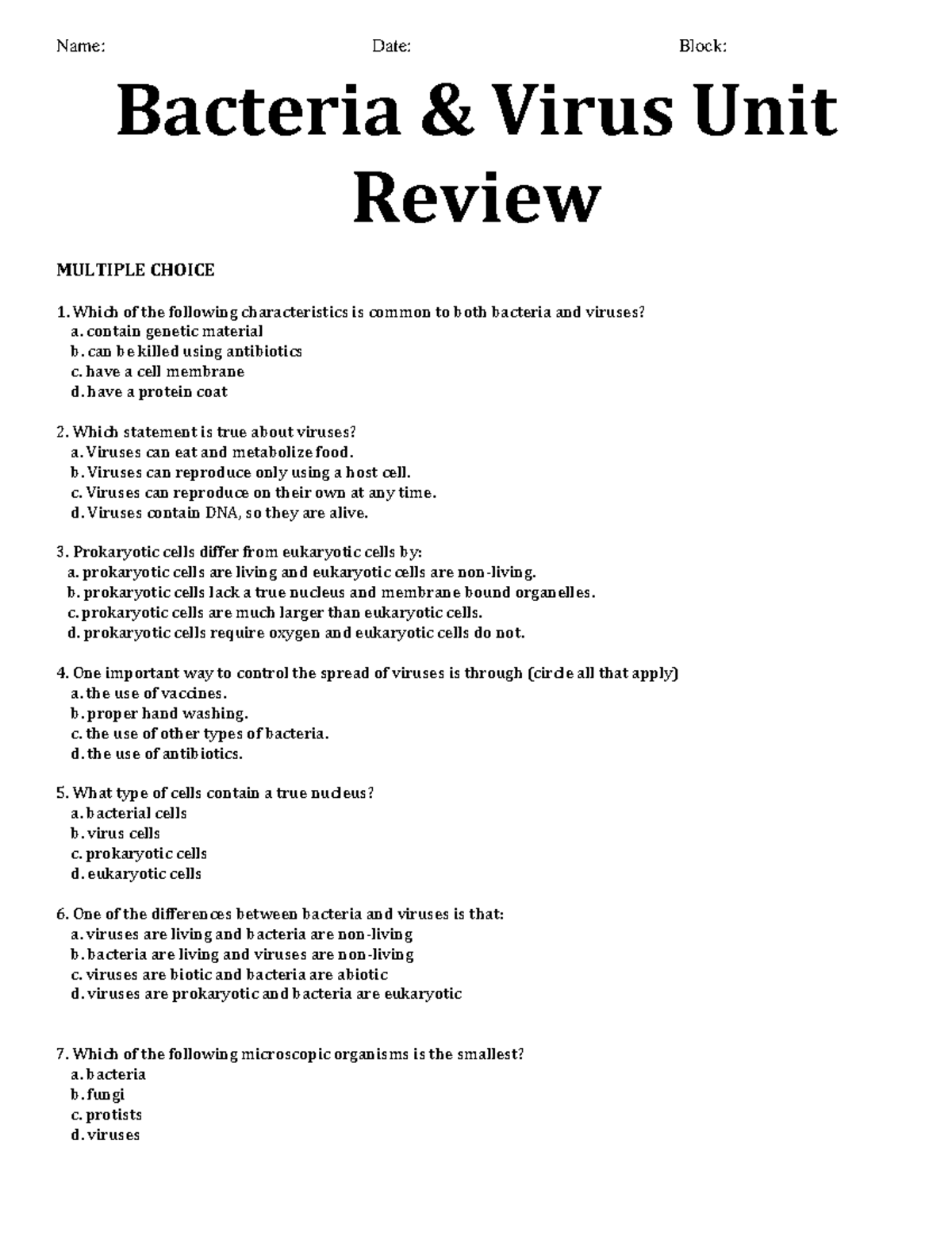 Virus bacteria unit Review - Bacteria & Virus Unit Review MULTIPLE ...