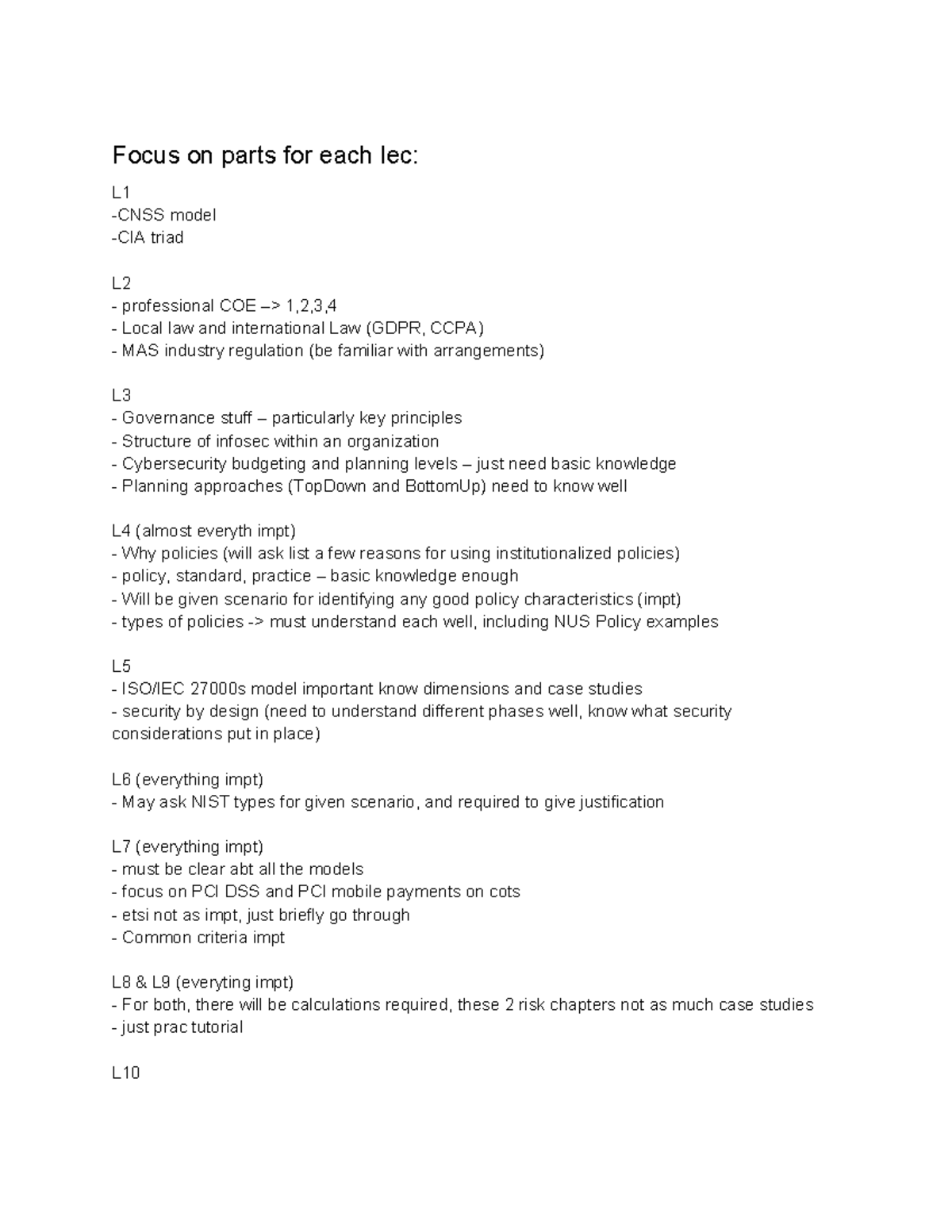 IS4231 Final Notes - Focus on parts for each lec: L -CNSS model -CIA ...