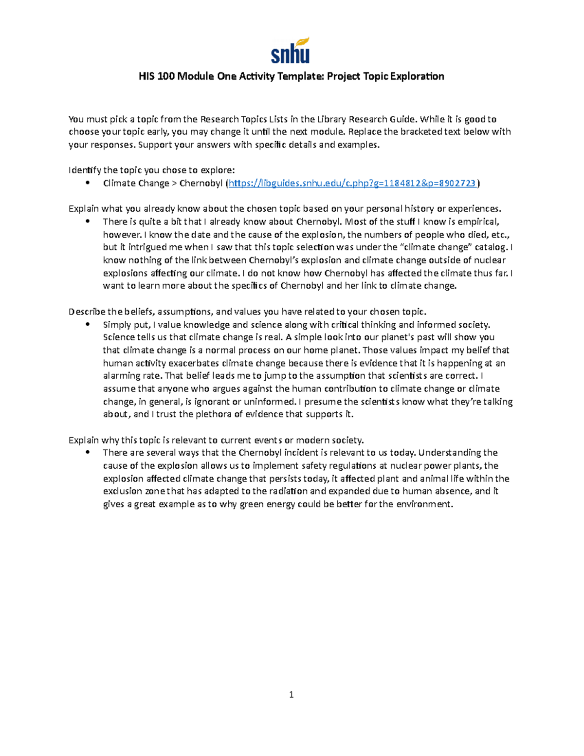 Week 1 - Project Topic - Chernobyl / Climate Change - HIS 100 Module ...