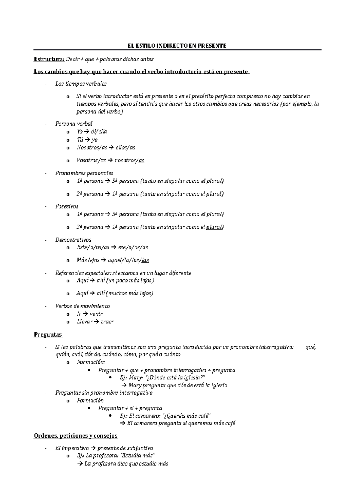 EL Estilo Indirecto - EL ESTILO INDIRECTO EN PRESENTE Estructura: Decir ...