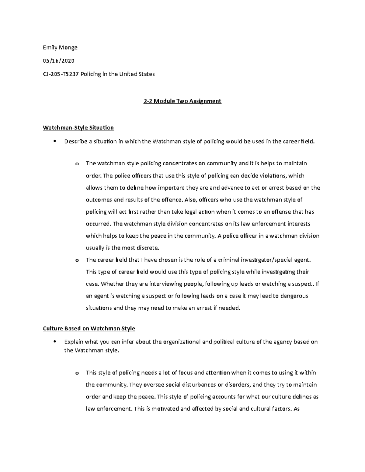 2-2 Module Two Assignment - Emily Monge 05/16/ CJ-205-T5237 Policing in ...