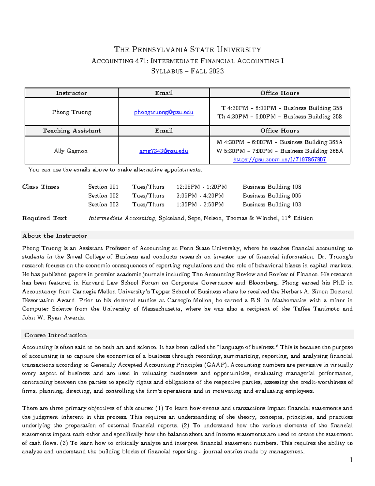 Syllabus - ACCTG 471 Fall 2023 - THE P ENNSYLVANIA STATE U NIVERSITY ...