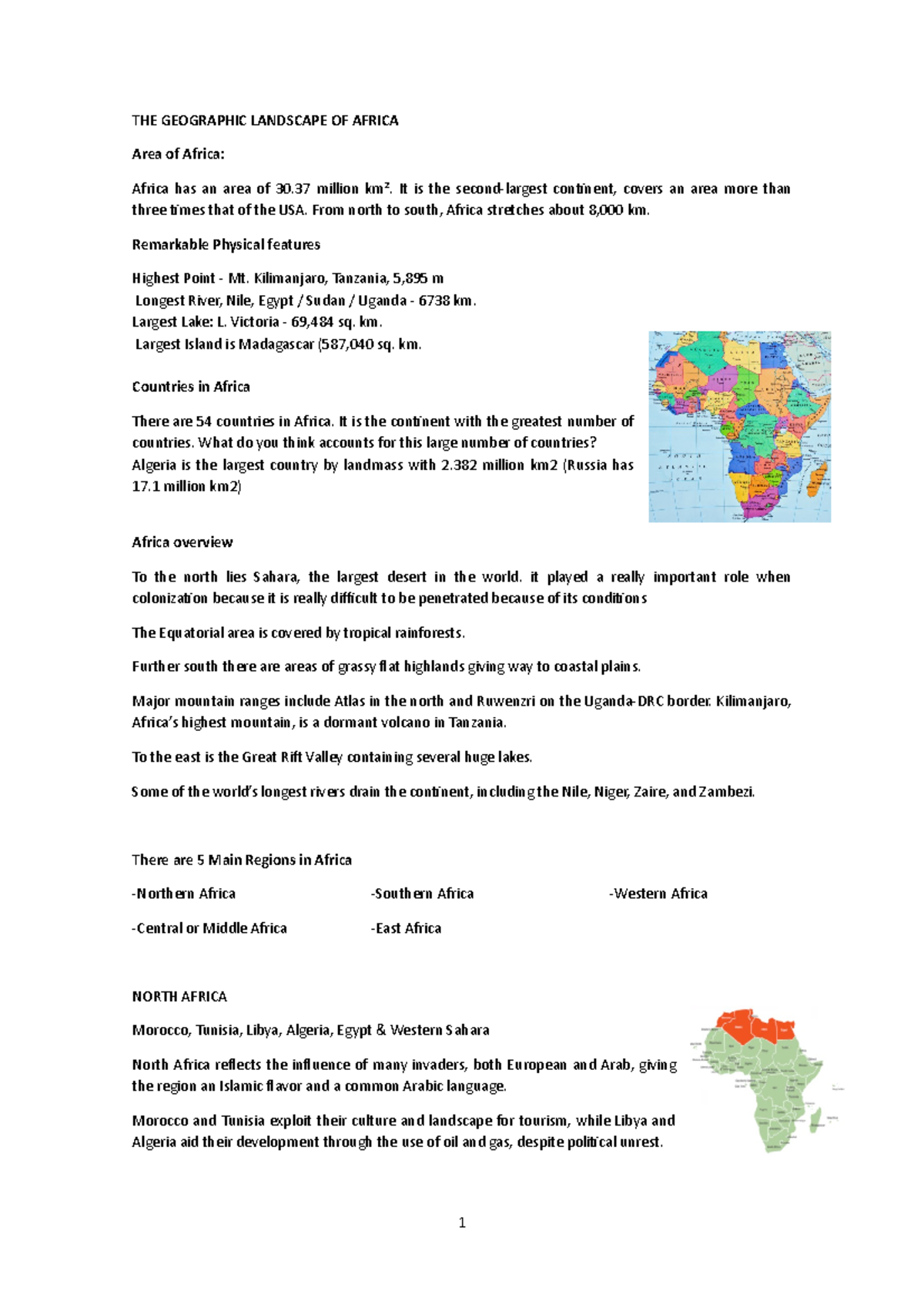 Notes - AFRICAN STUDIES - THE GEOGRAPHIC LANDSCAPE OF AFRICA Area of ...