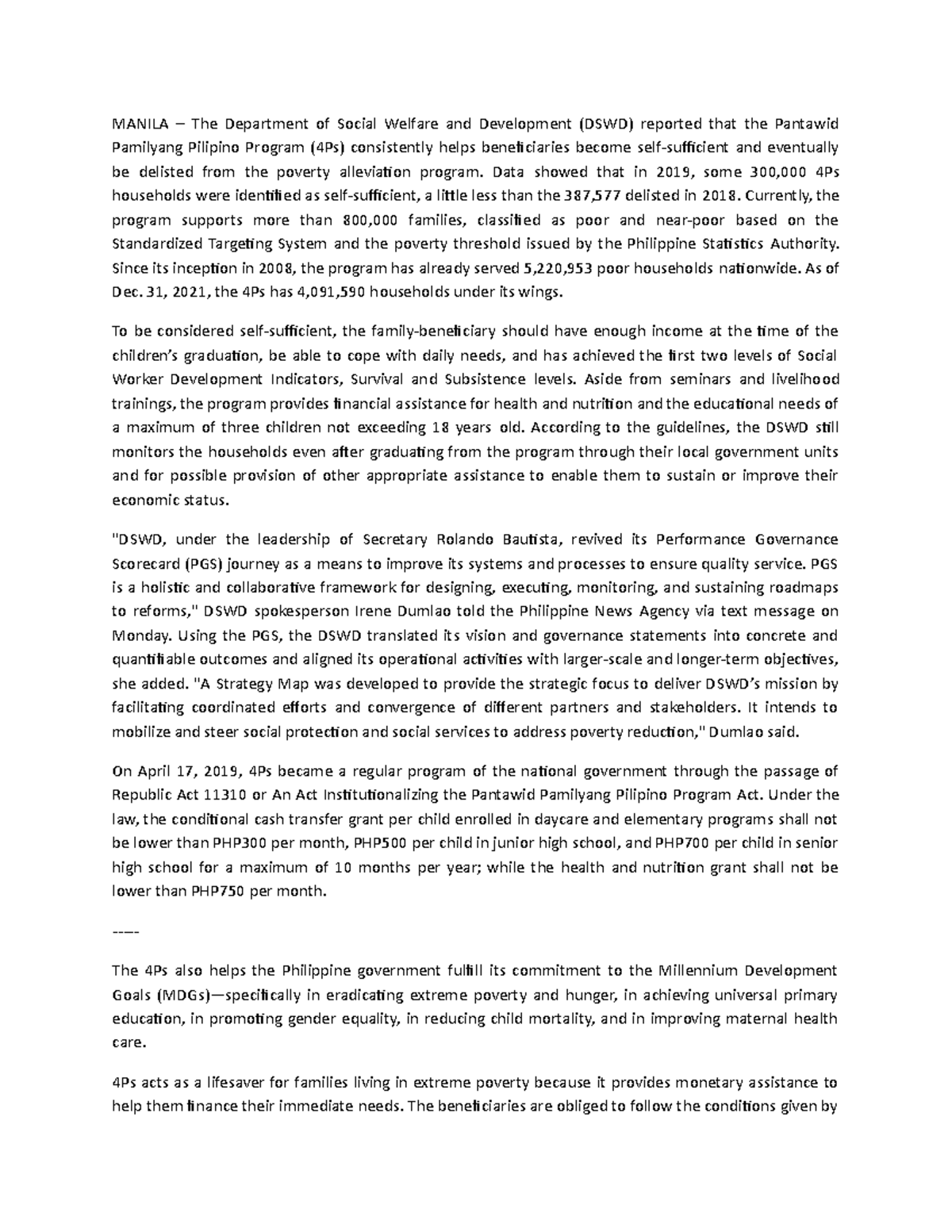 4ps- rrl - Related literature about 4ps study - MANILA – The Department of Social Welfare and ...