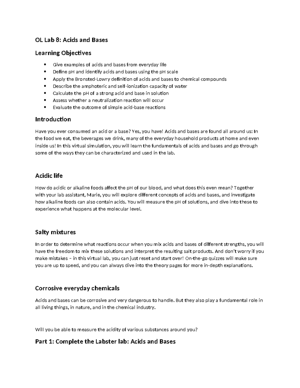 OL Lab 8-Acids and Bases - OL Lab 8: Acids and Bases Learning ...